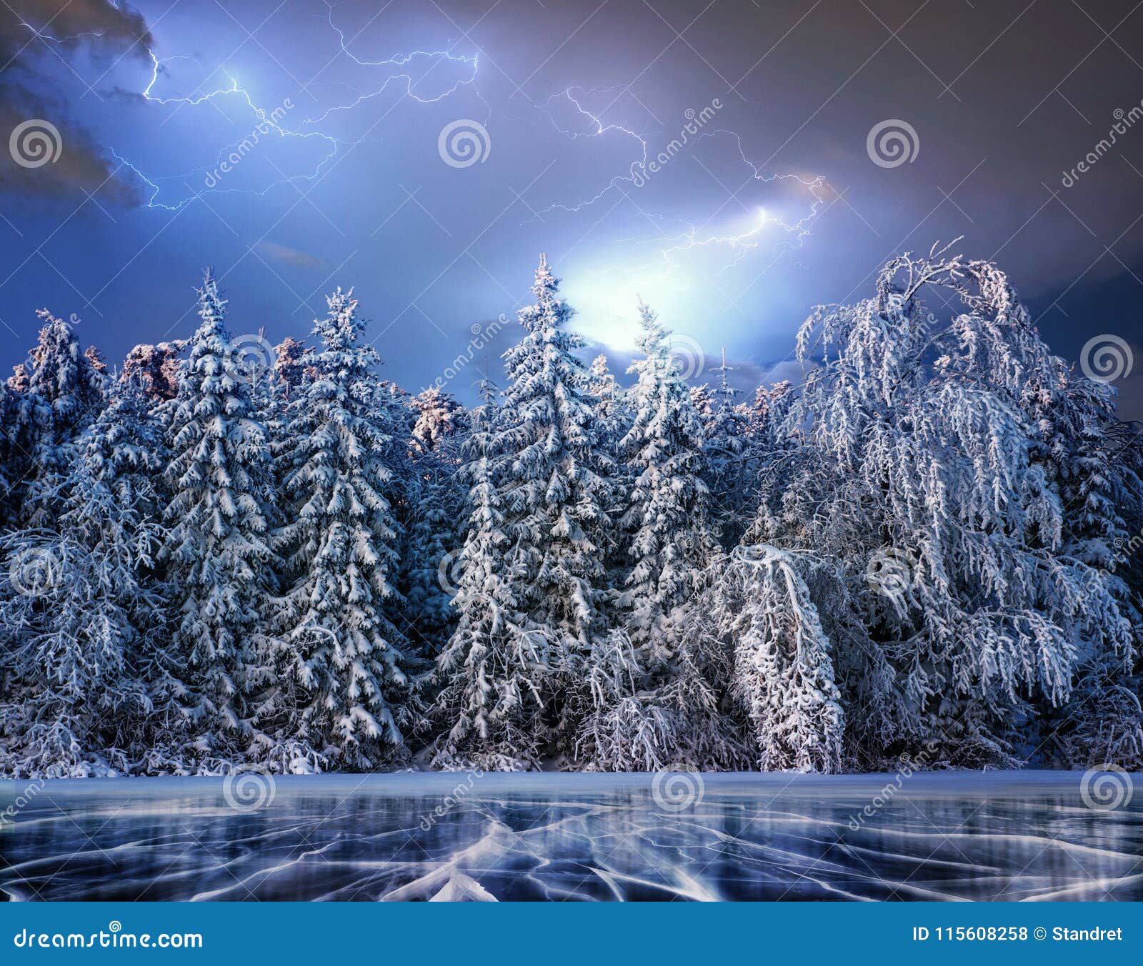 Magical Winter Snow Covered Tree. Dramatic Thunderstorm Sky Stock Photo ...