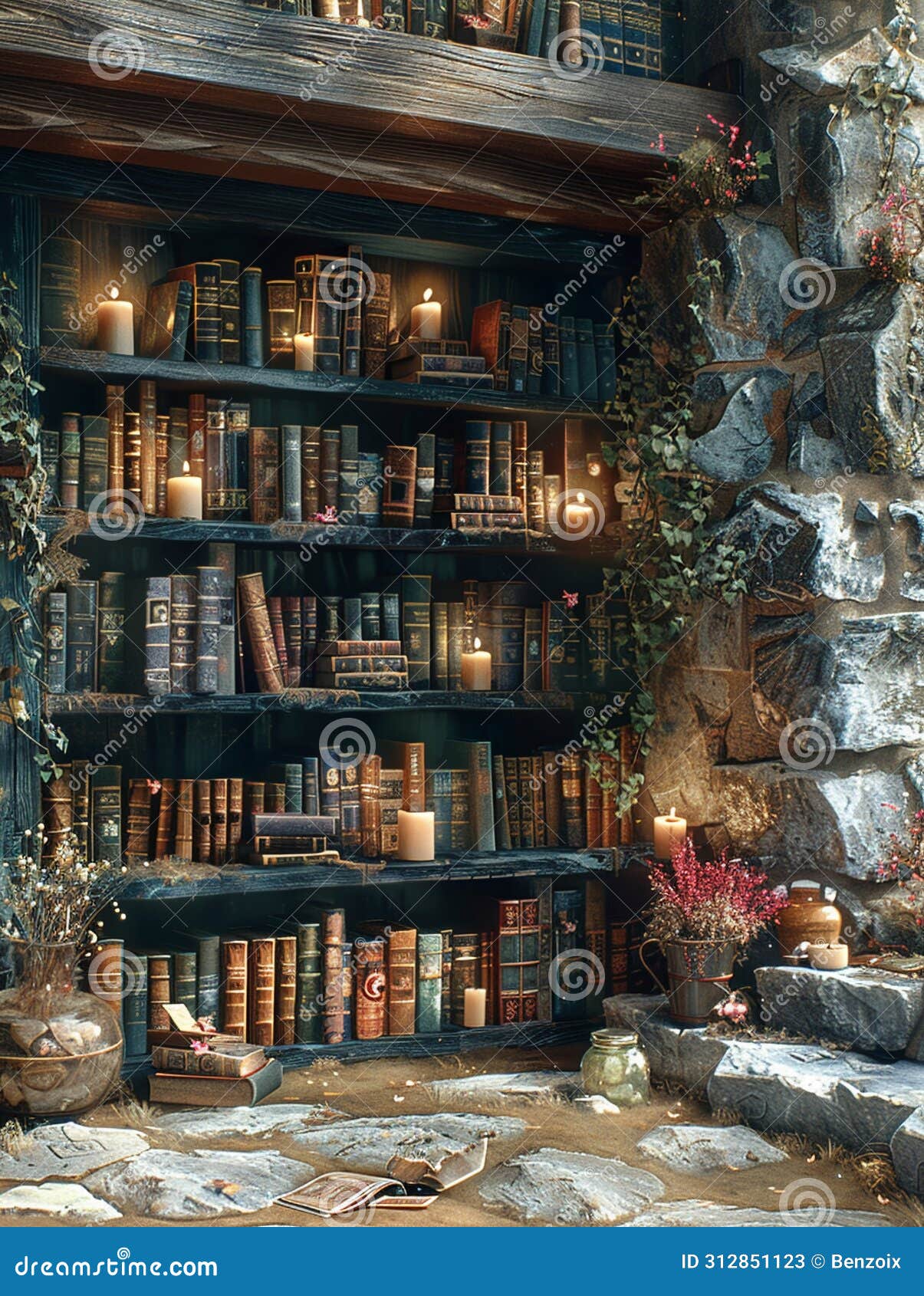 Magical Wizards Library with Enchanted Books Potions Stock Image ...