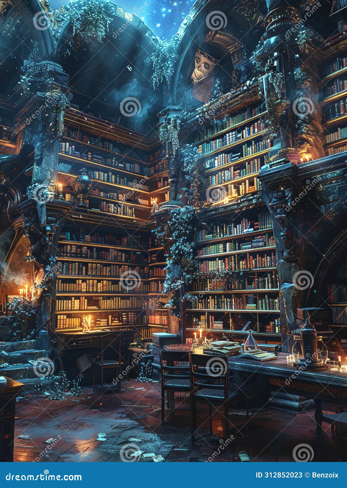 Magical Wizards Library with Enchanted Books Potions Stock Image ...