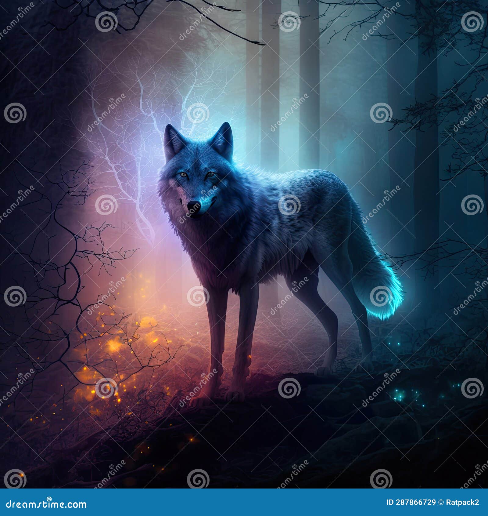 A Magical Wolf in a Dark Misty Forest with Dramatic Phantasmal ...