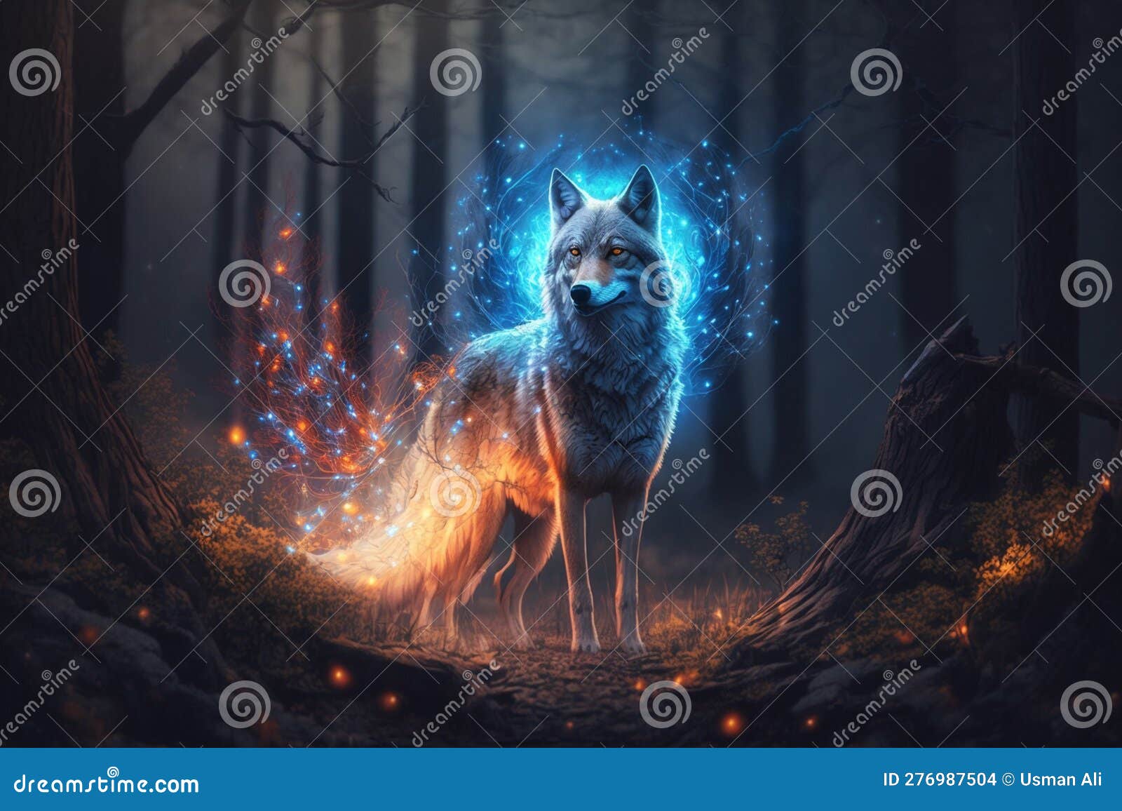 Magical Wolf In Space Light Swirl, Computer Graphic Collage. Stock ...