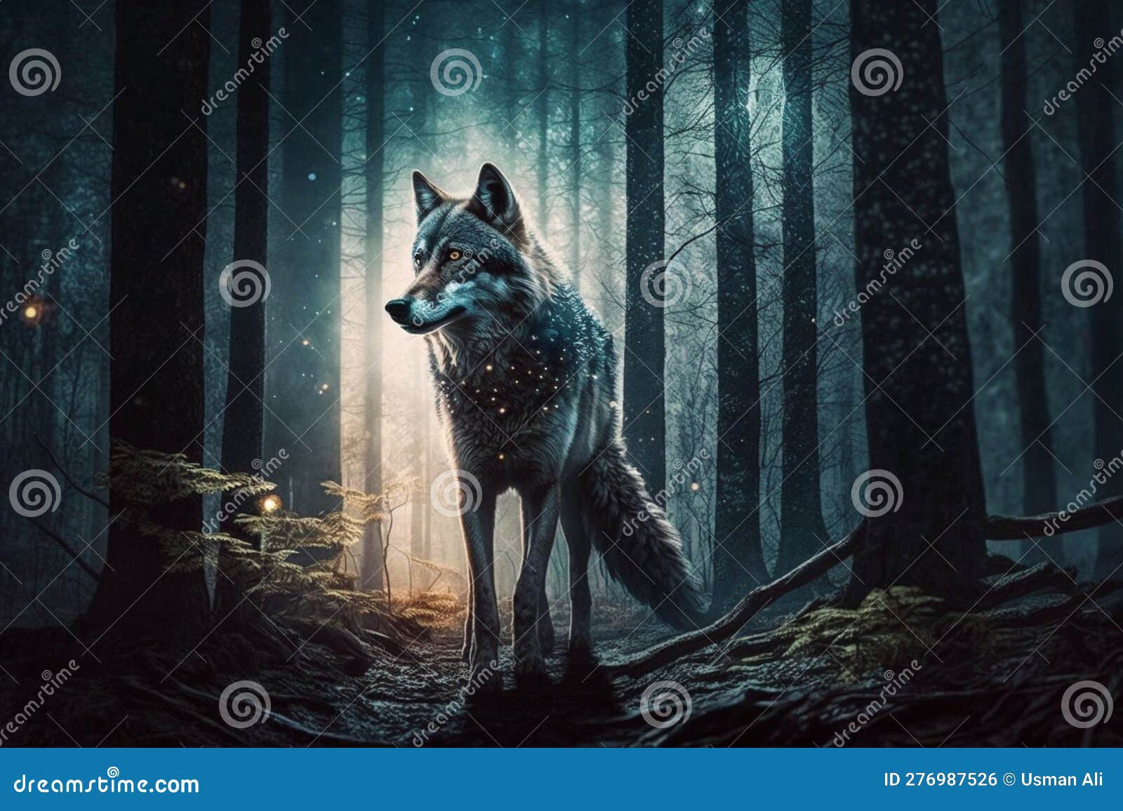 Magical Wolf In Space Light Swirl, Computer Graphic Collage. Stock ...