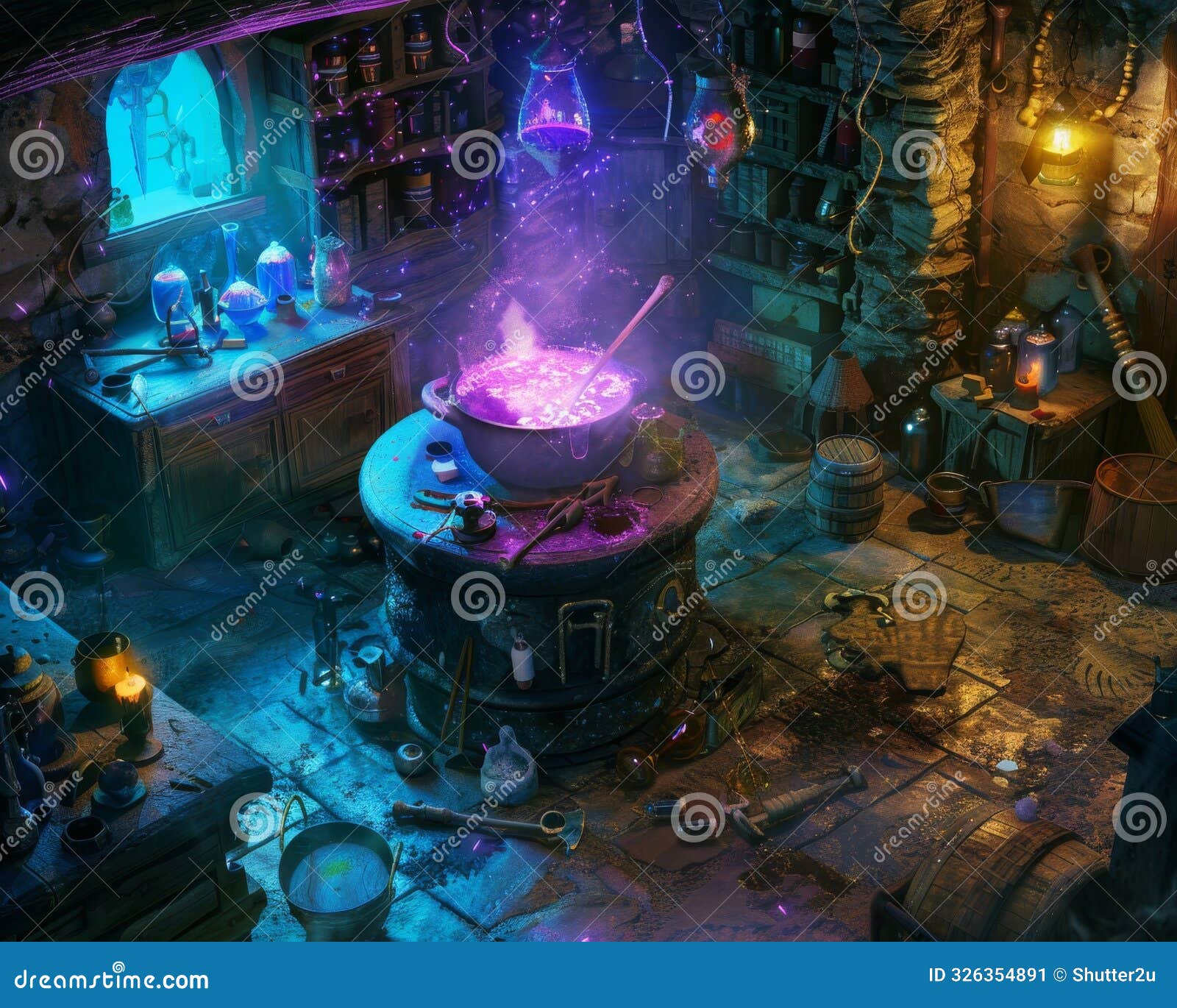 Magical Workshop with Animated Tools a Cauldron Bubbling with Glowing ...