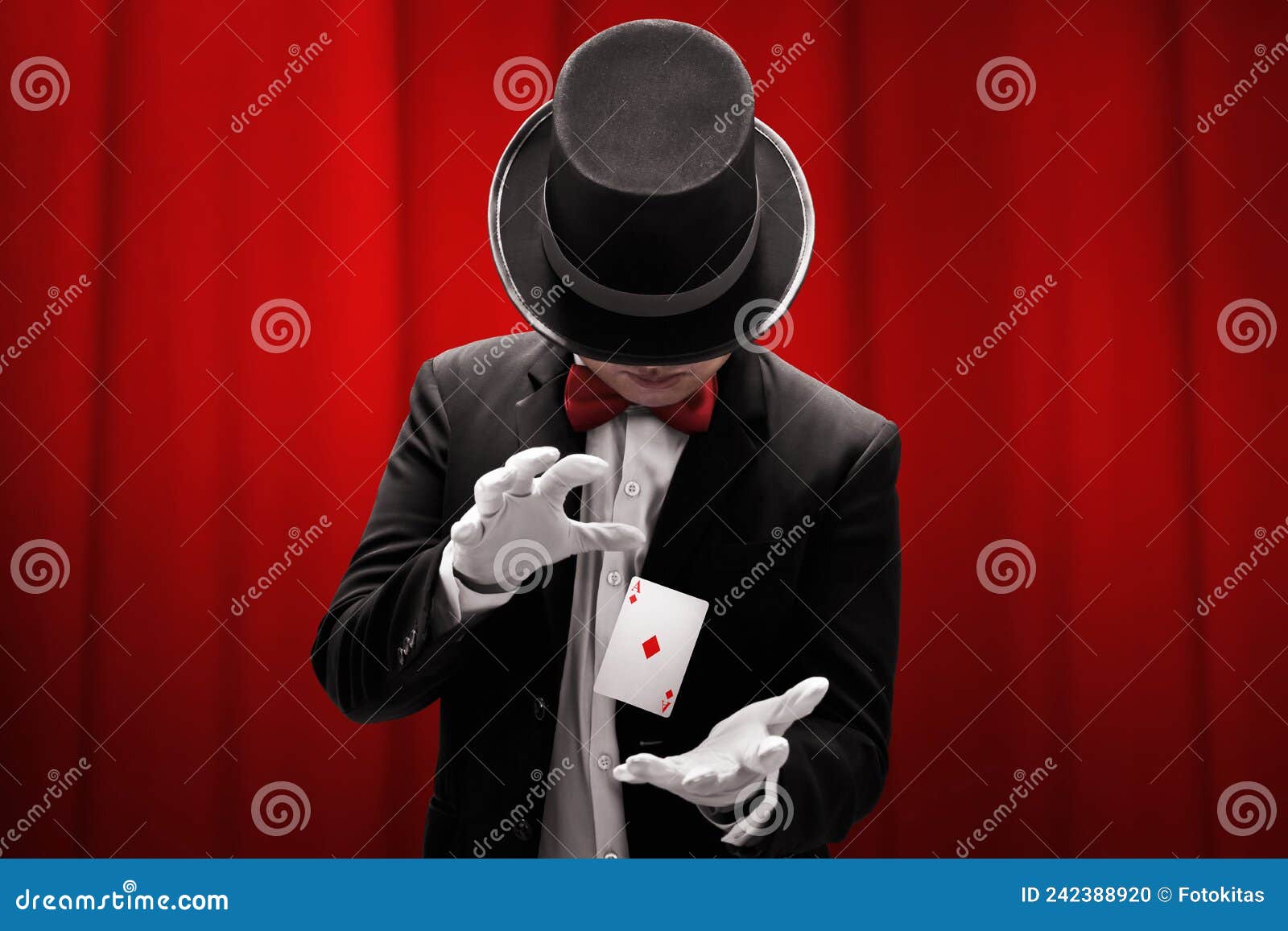 Magician Hand Showing Magic Trick Stock Photo - Image of card, curtain ...
