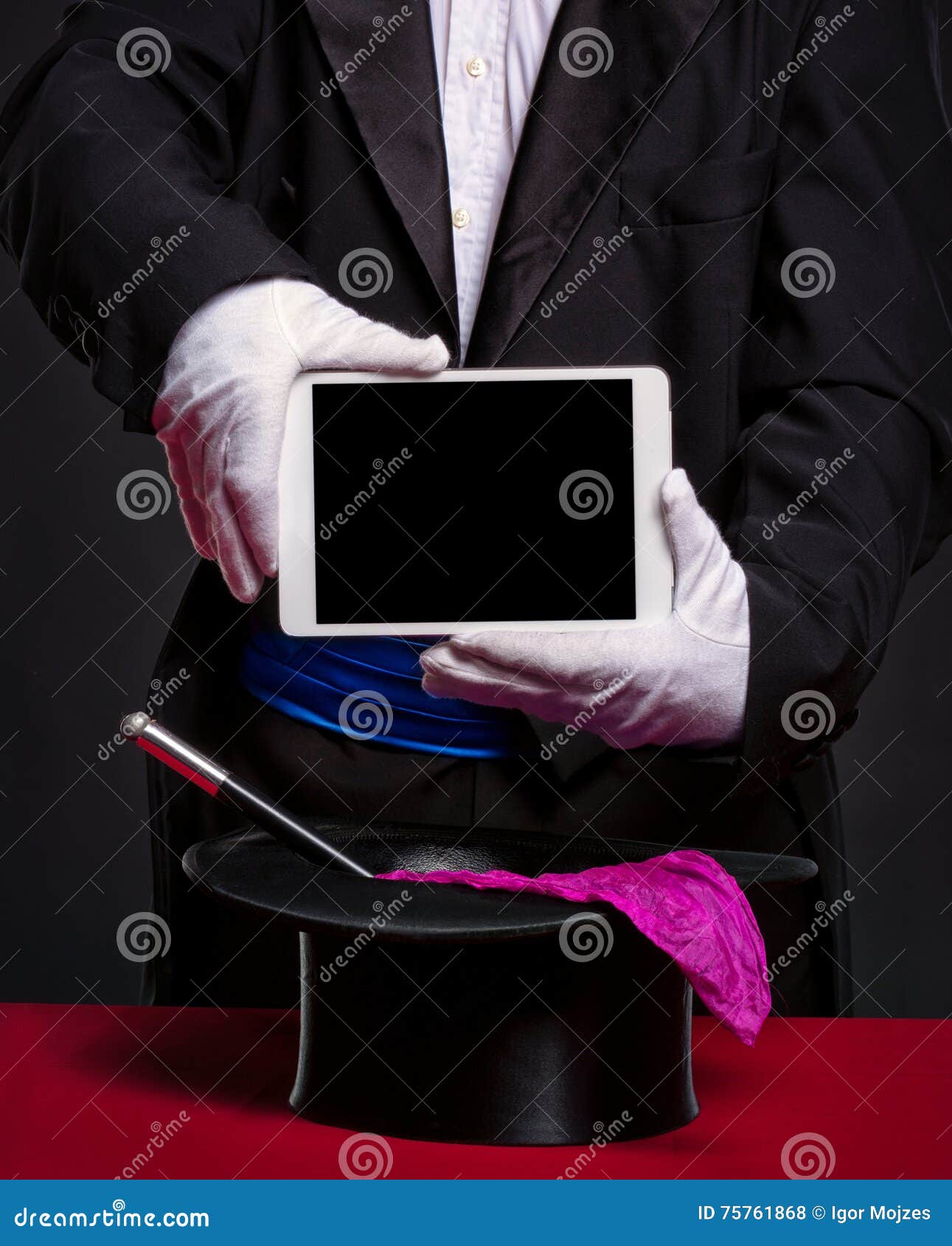 Magician Holding Tablet Pc Over His Accessories for Work Stock Photo ...