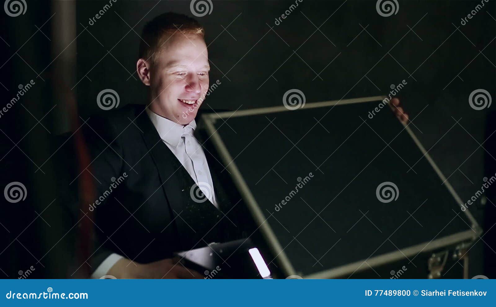 The Magician Opening the Magic Box in a Dark Room. Stock Footage ...