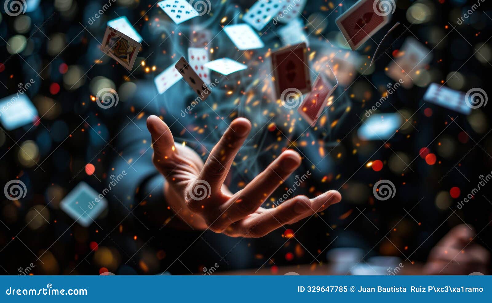 Magician Performing Card Trick with Flying Cards Stock Image - Image of ...
