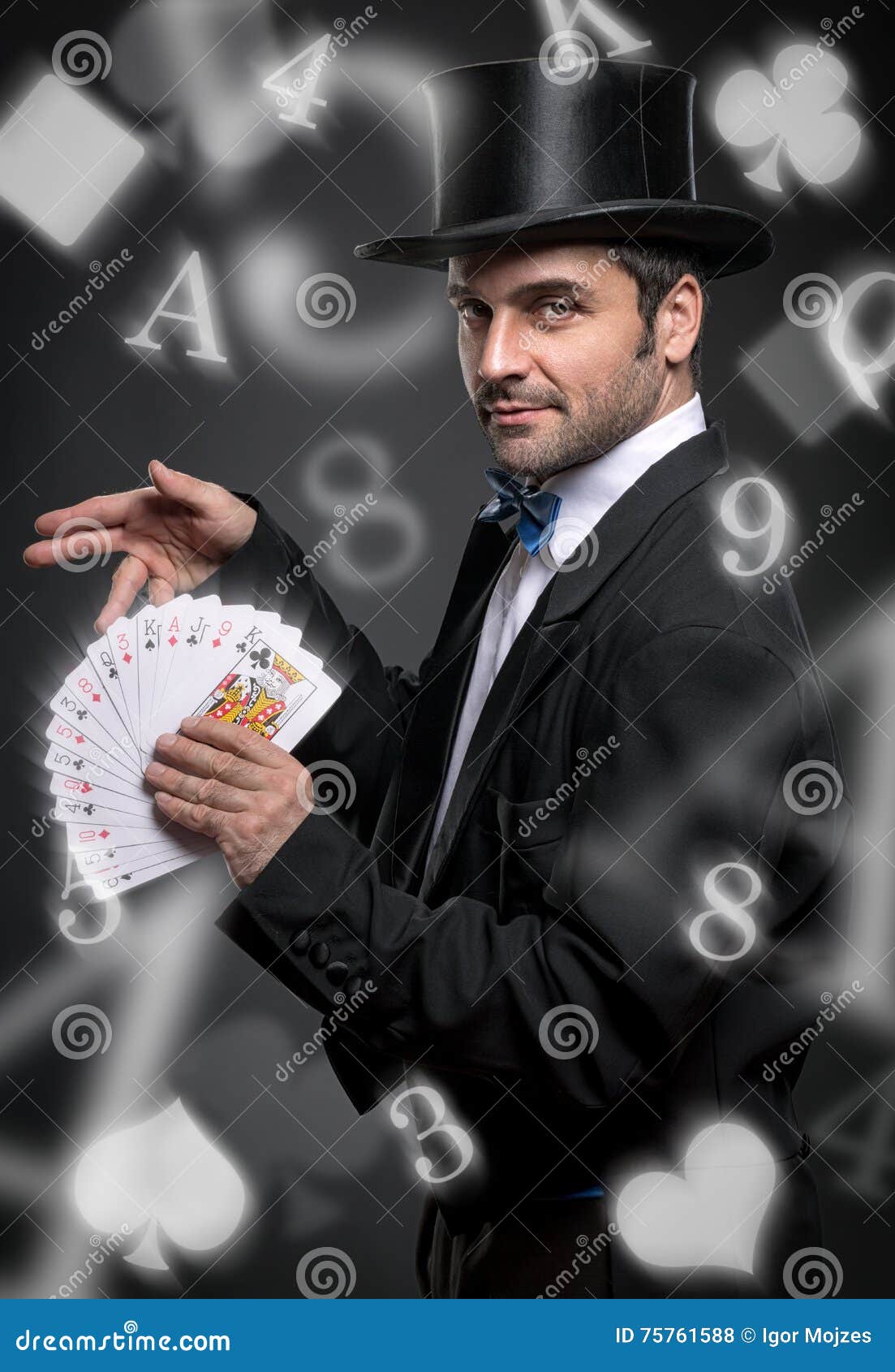 Magician Performing Trick with Playing Cards Stock Photo - Image of ...