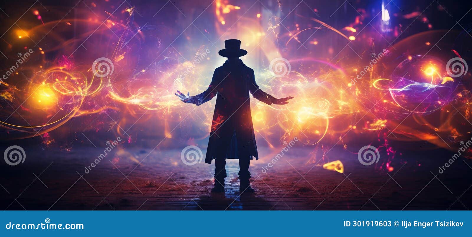 Magician Performing Levitating Trick With Girl. Floating Lady In Mid ...