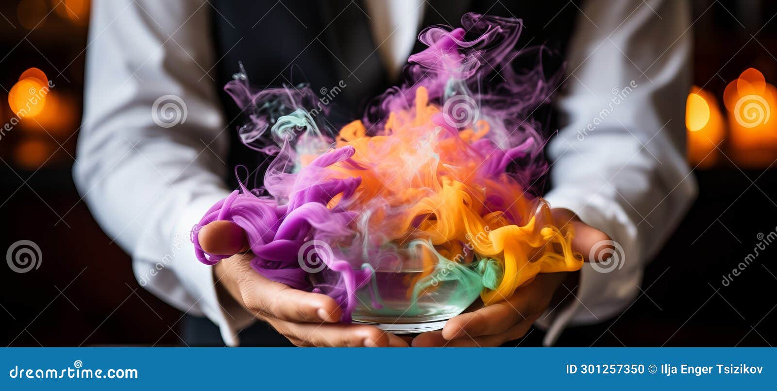 Magician Performing Levitating Trick With Girl. Floating Lady In Mid ...