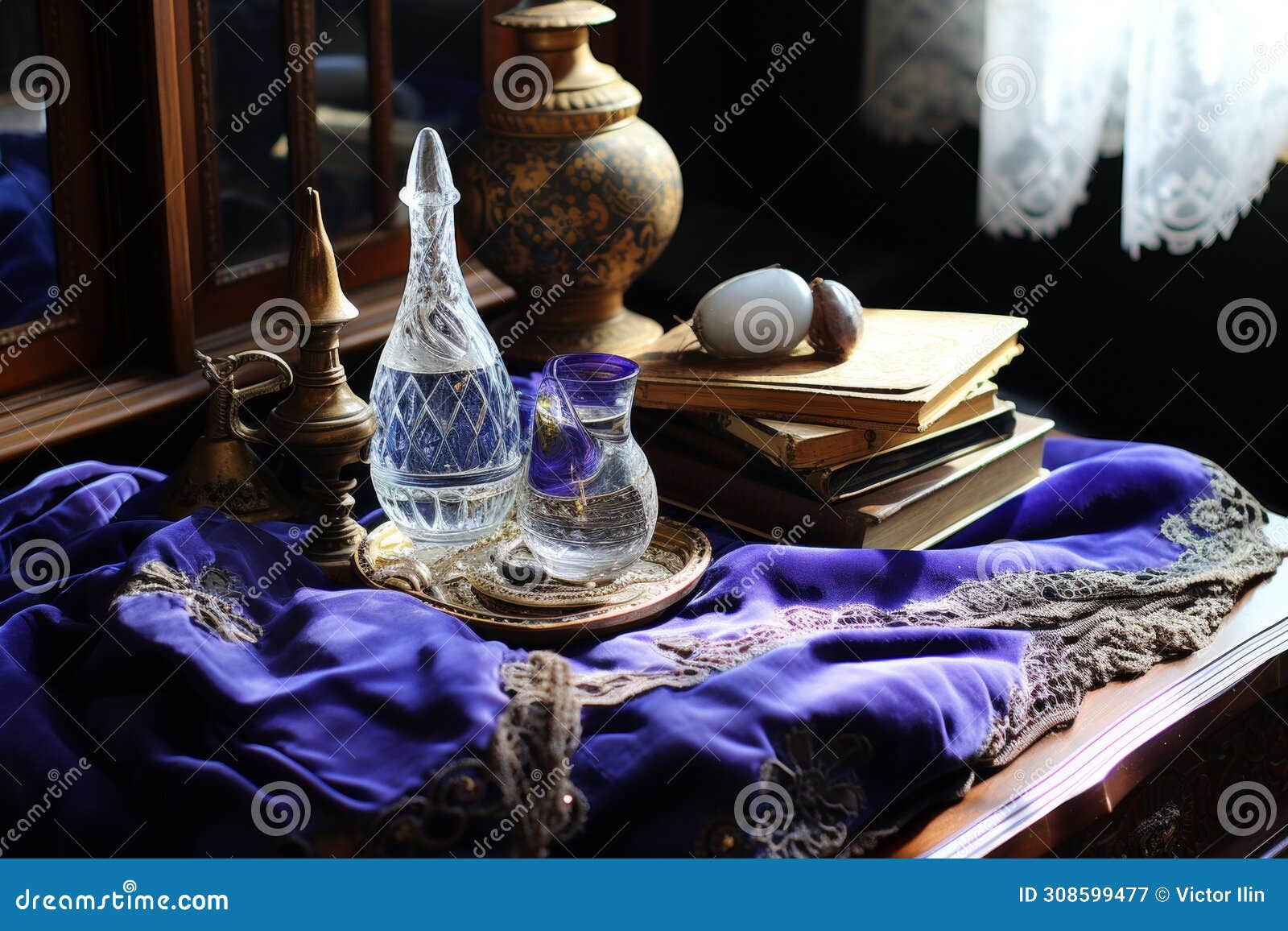Magician Setting Up Mystical Accessories on a Table for an Enchanting ...