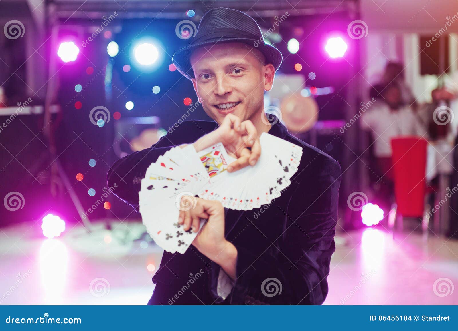 Magician Showing Trick with Playing Cards. Magic, Circus Stock Photo ...