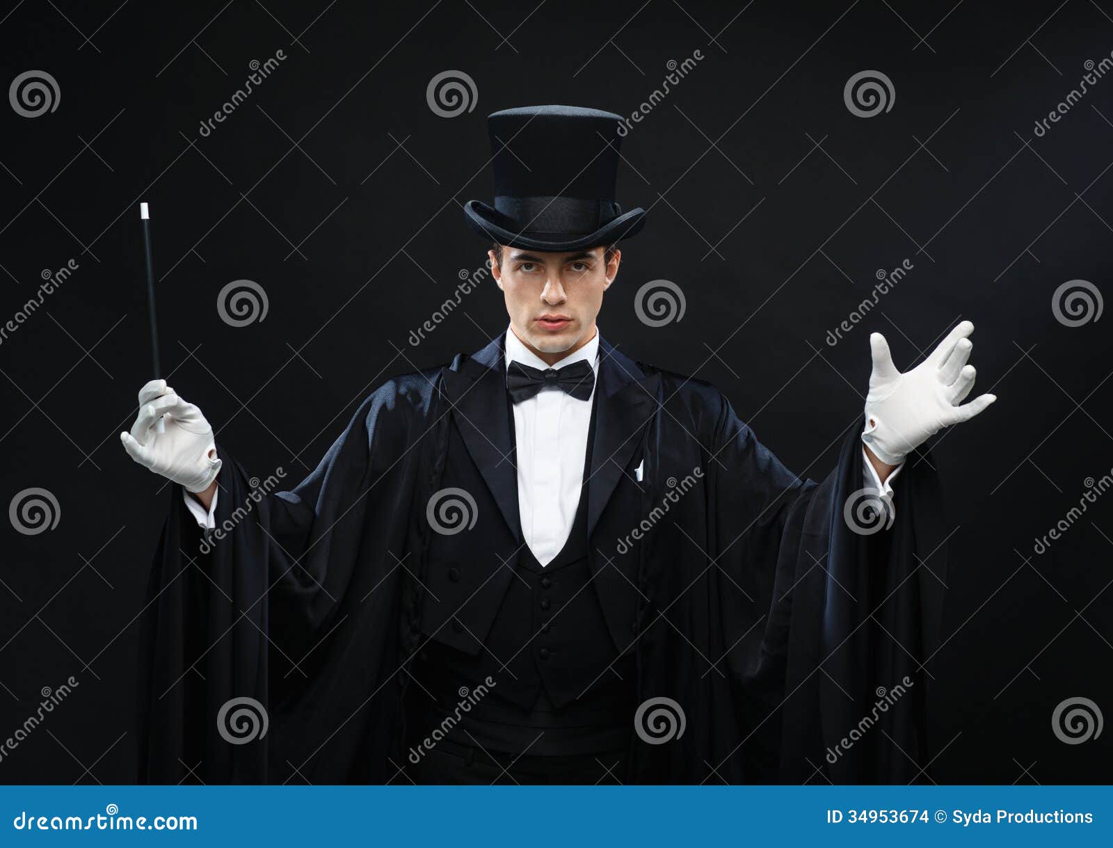 Magician in Top Hat with Magic Wand Showing Trick Stock Photo - Image ...