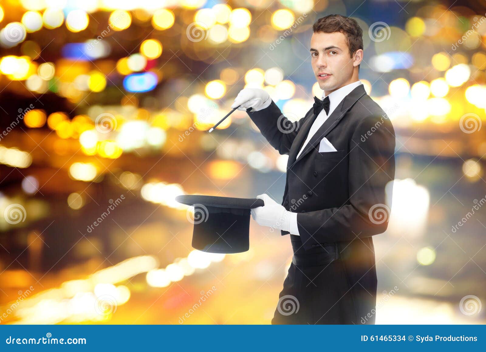 Magician in Top Hat with Magic Wand Showing Trick Stock Photo - Image ...