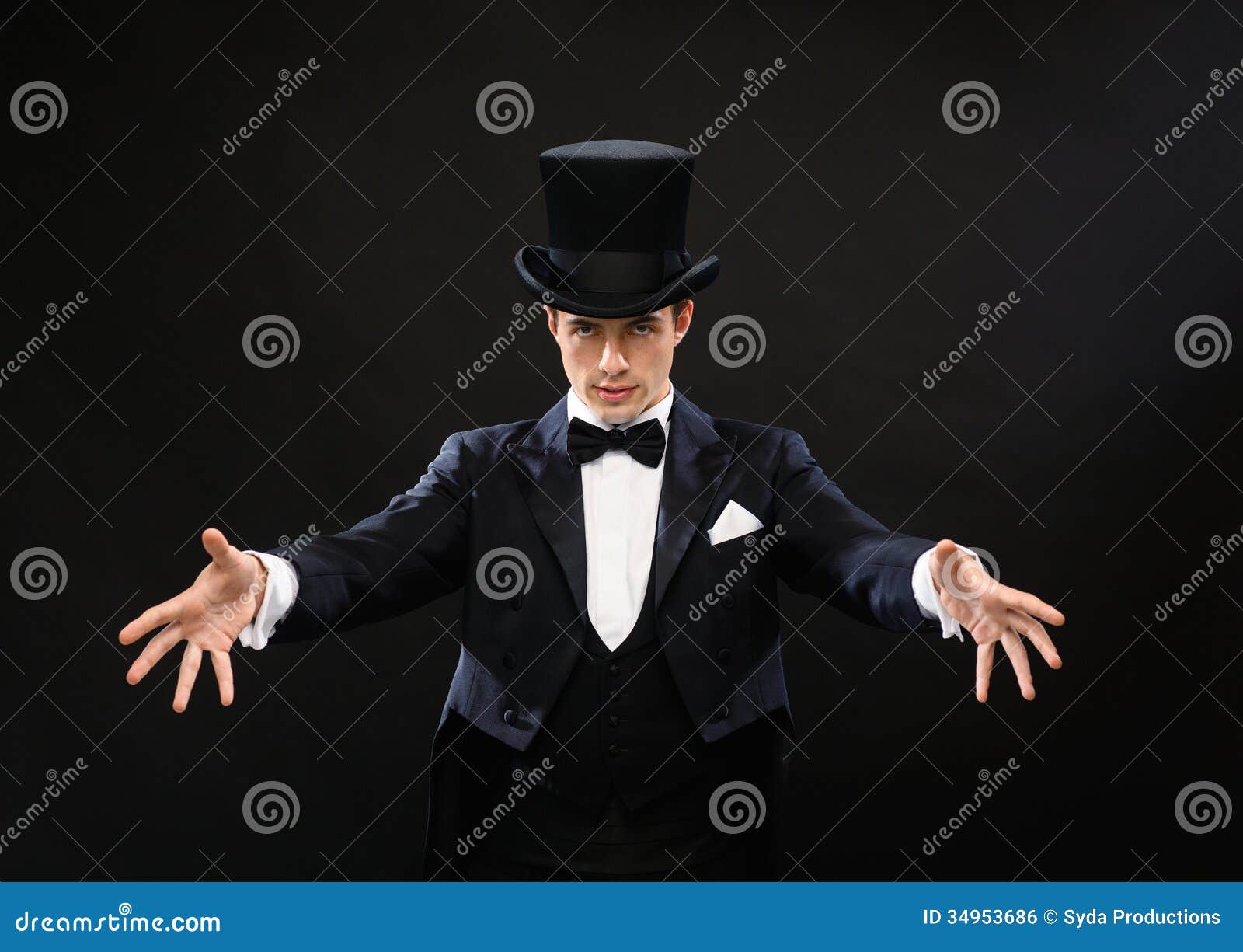 Magician in Top Hat Showing Trick Stock Photo - Image of misterious ...