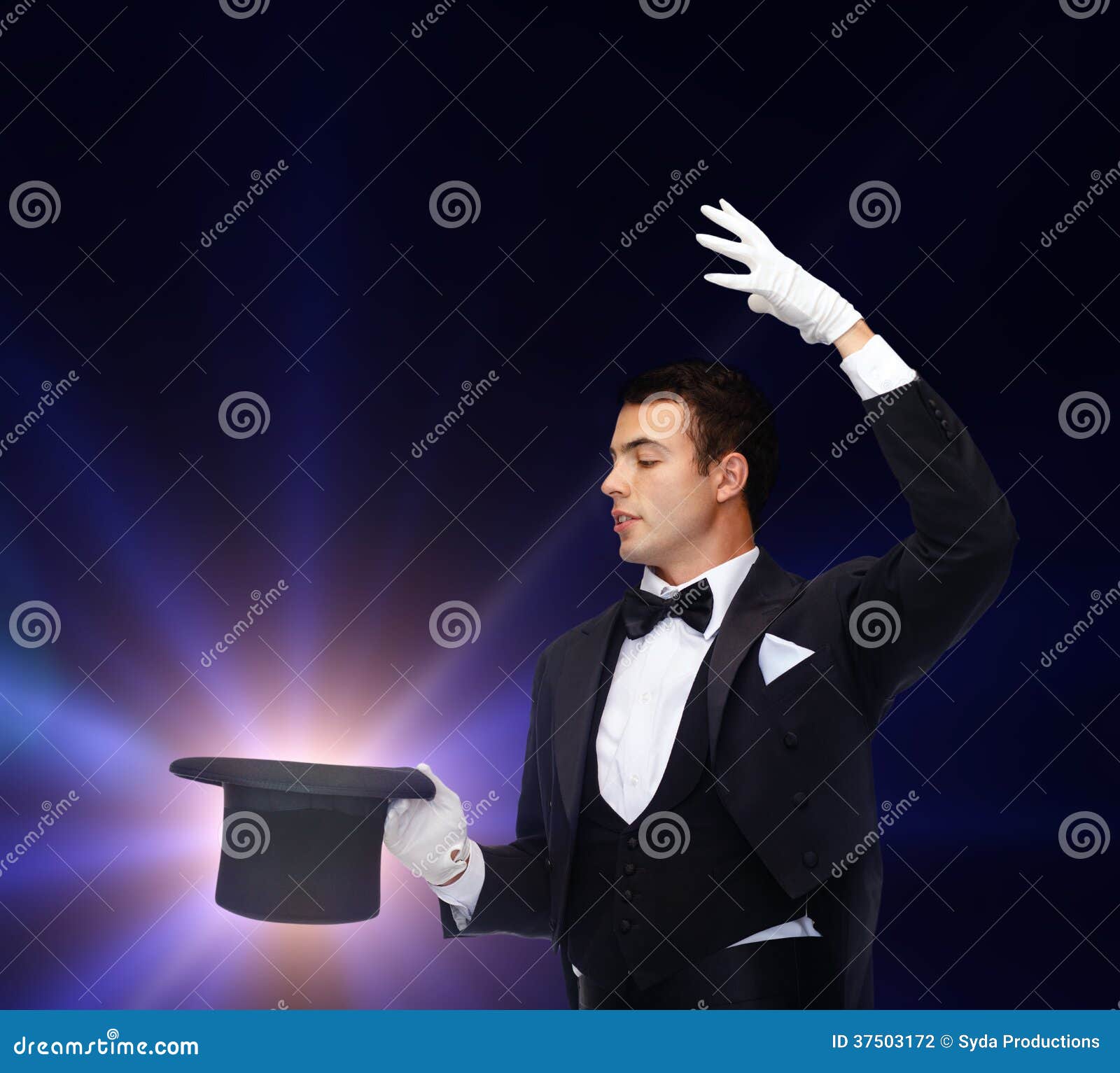 Magician in Top Hat Showing Trick Stock Photo - Image of background ...