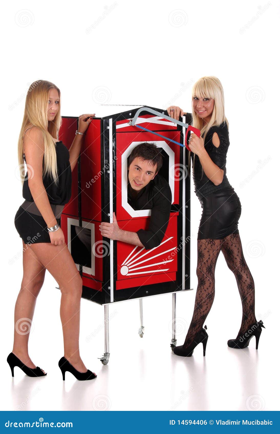 Magician And Two Beauty Girls In A Magic Box Royalty Free Stock Image ...