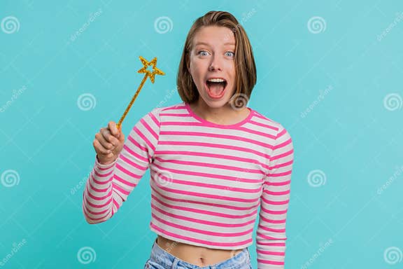 Magician Witch Young Woman Gesturing with Magic Wand Making Wish Come ... Magician Witch Young Woman Gesturing with Magic Wand Making Wish Come ...