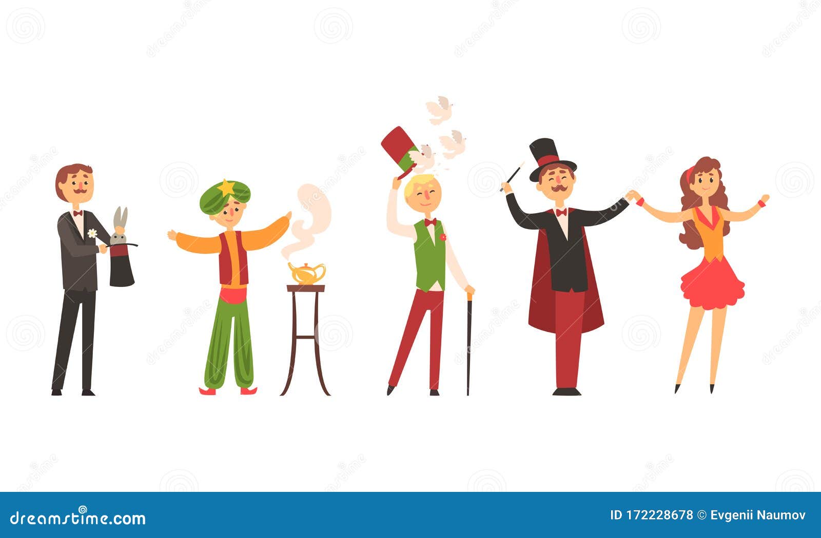 Magicians Performing Tricks Set, Circus Characters Taking Part at Magic ...