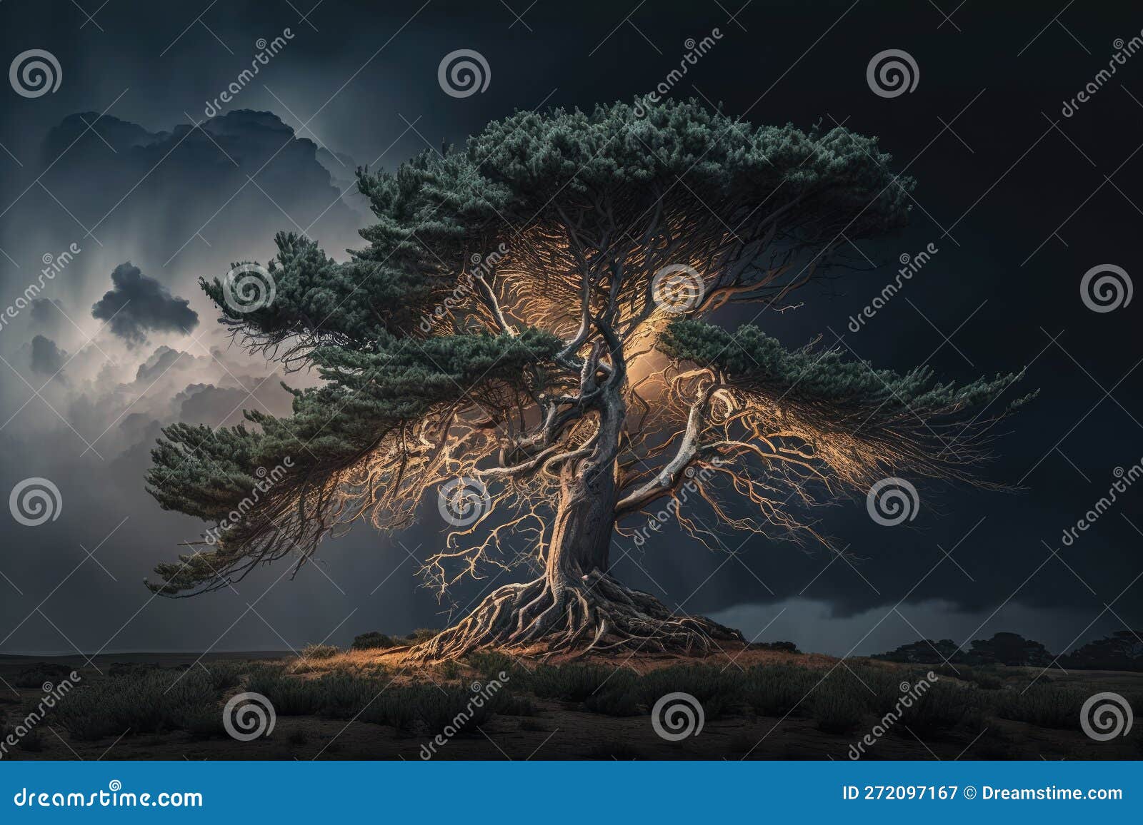 Maginficent Large Cedar Tree Lightning Dark Clouds Sky by Generative AI ...