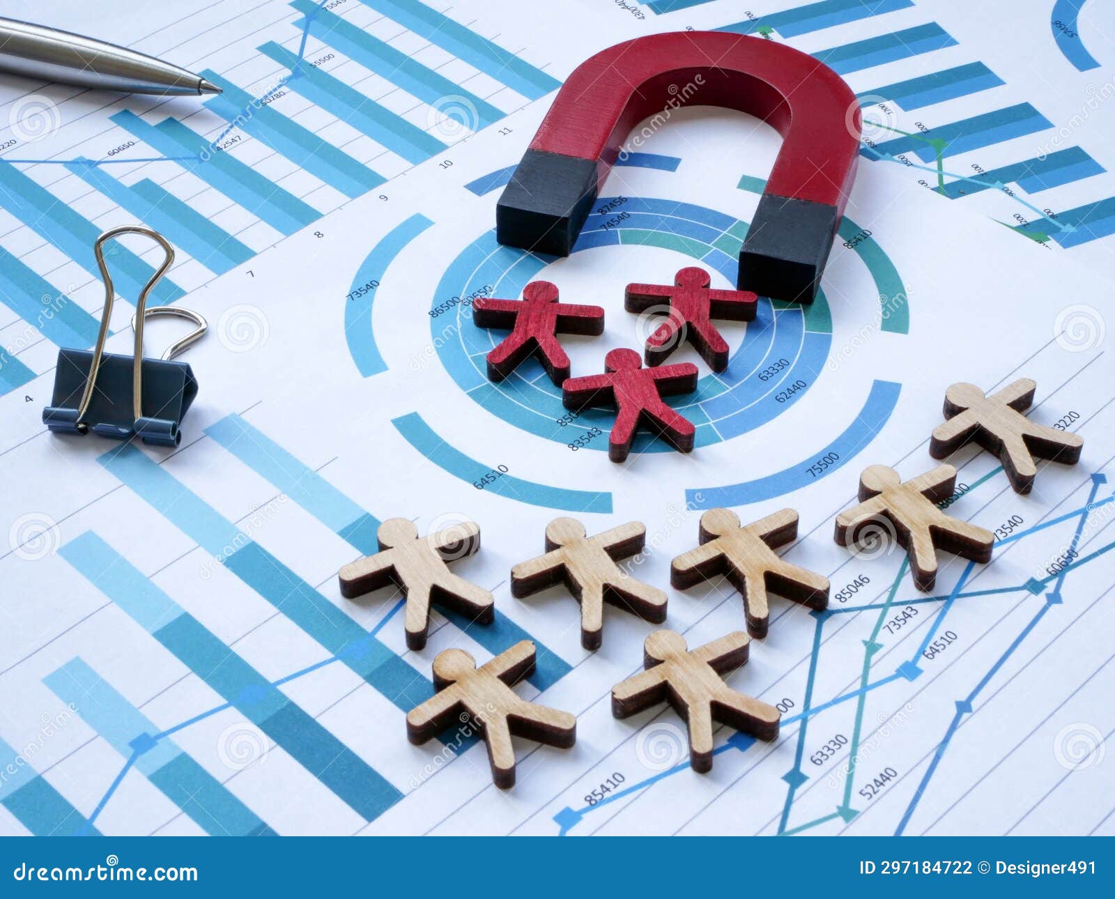 Magnet and Figures of Customers or Employees on Charts. Stock Photo ...