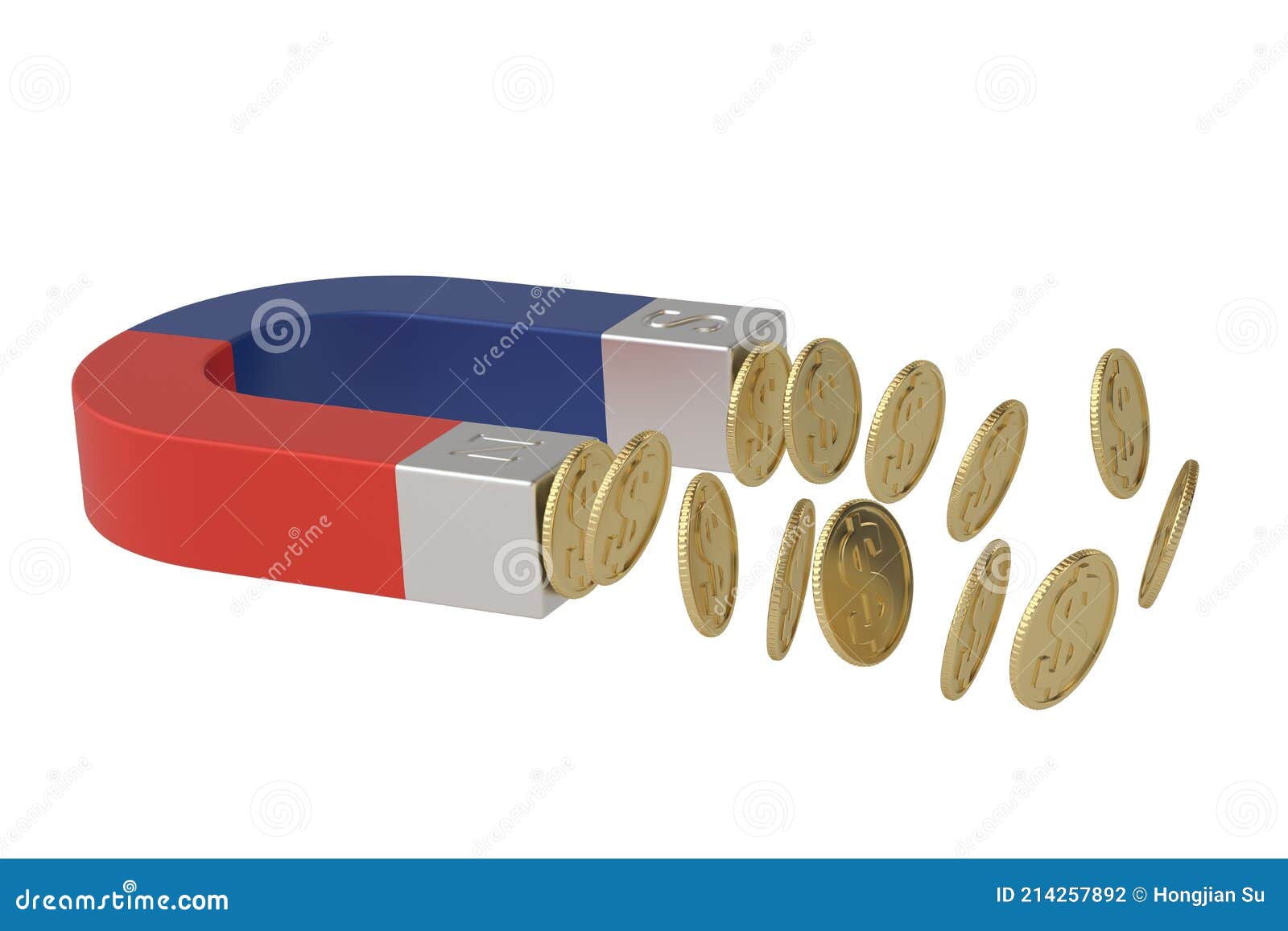 Magnet and Gold Coins Isolated on White Background, 3D Rendering. 3D ...