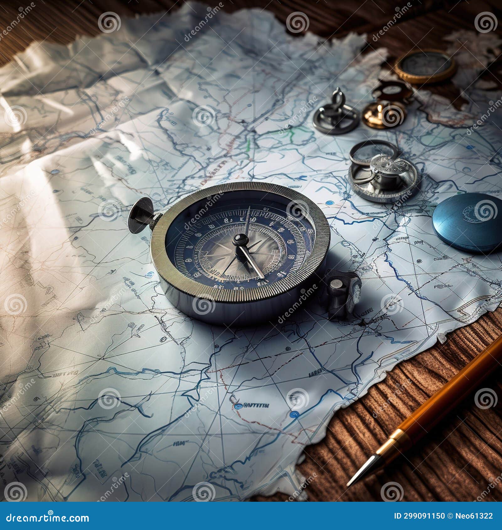 A Magnetic Compass Lies on a Weathered Map Generative AI Stock Illustration - Illustration of ...