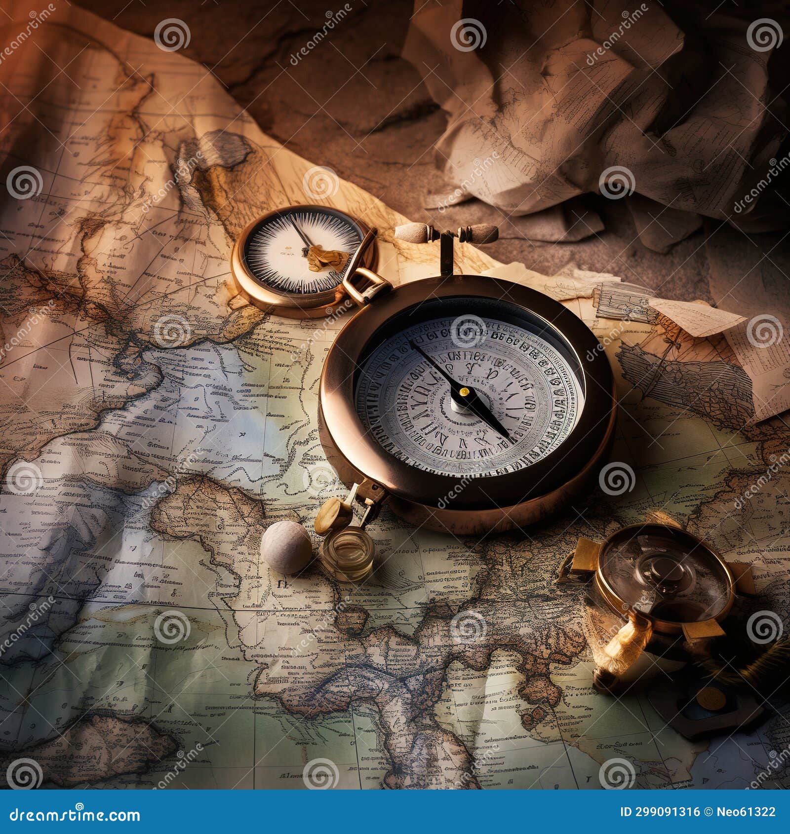 A Magnetic Compass Lies on a Weathered Map Generative AI Stock Illustration - Illustration of ...