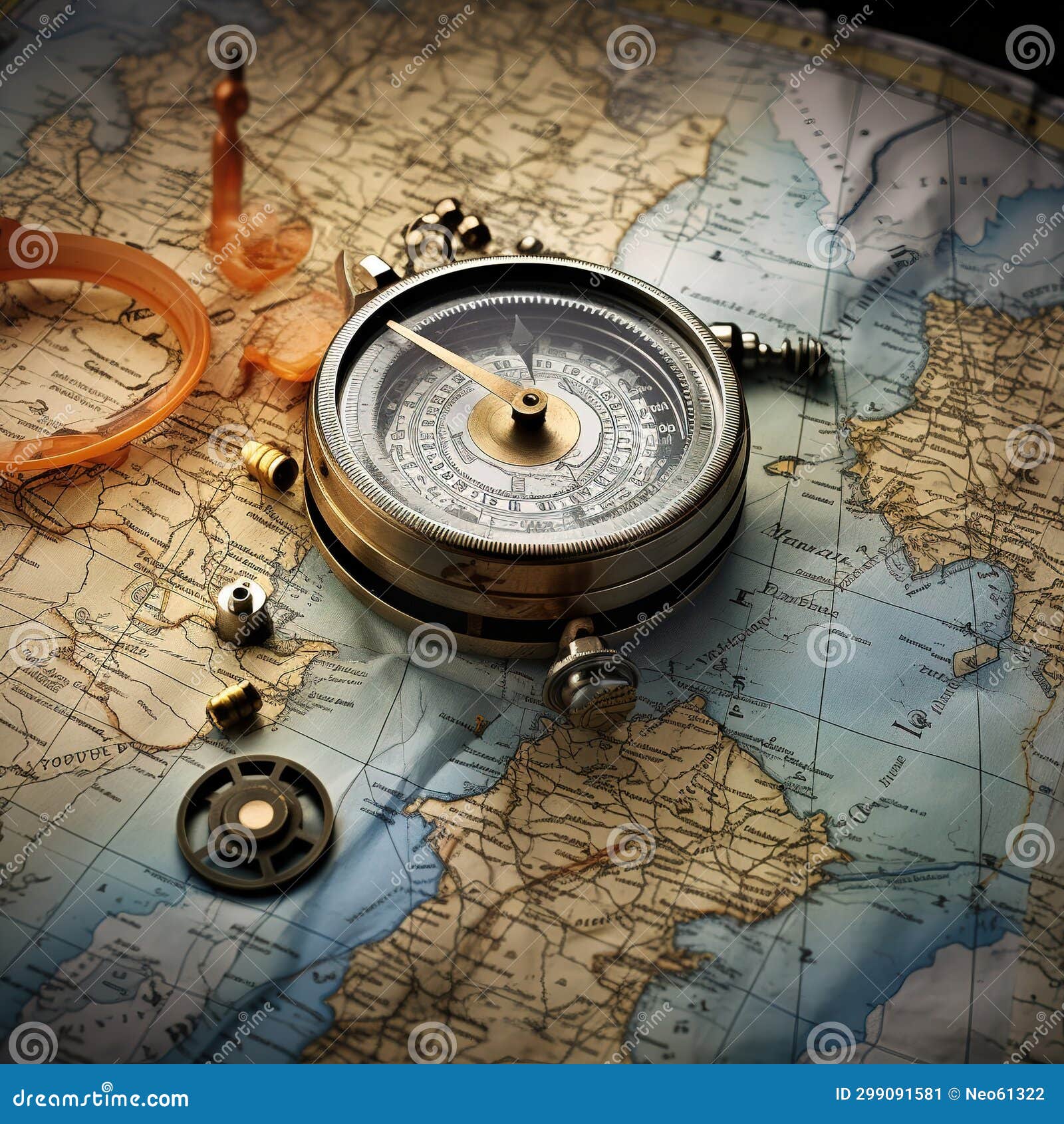 A Magnetic Compass Lies on a Weathered Map Generative AI Stock ...