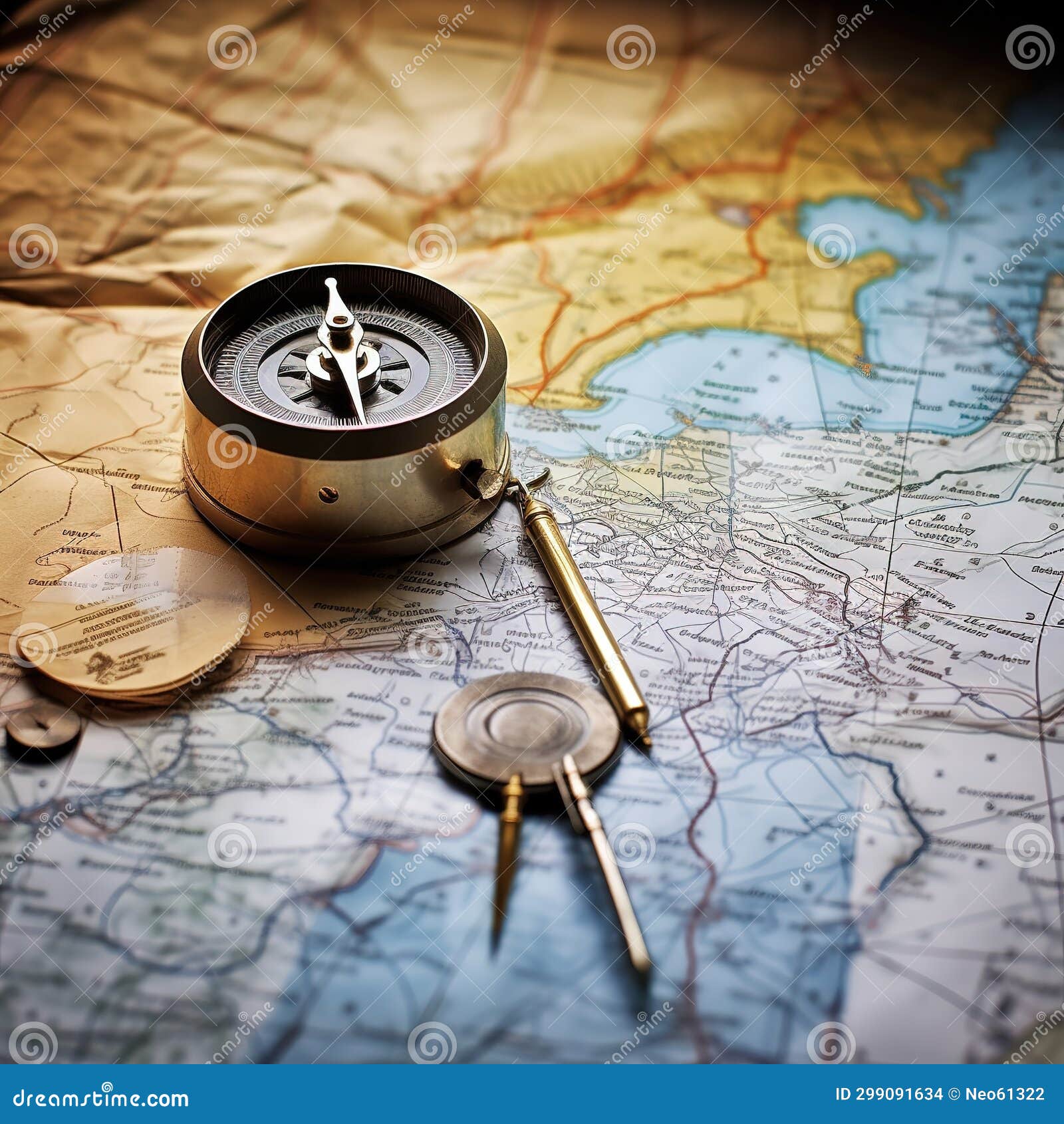 A Magnetic Compass Lies on a Weathered Map Generative AI Stock ...