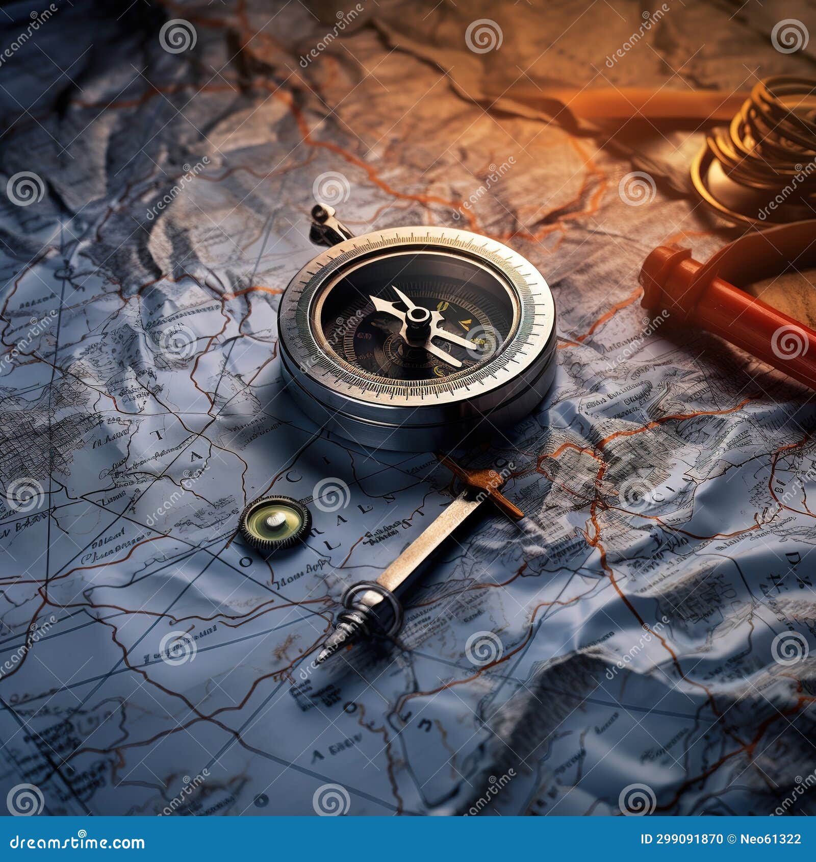 A Magnetic Compass Lies on a Weathered Map Generative AI Stock Illustration - Illustration of ...