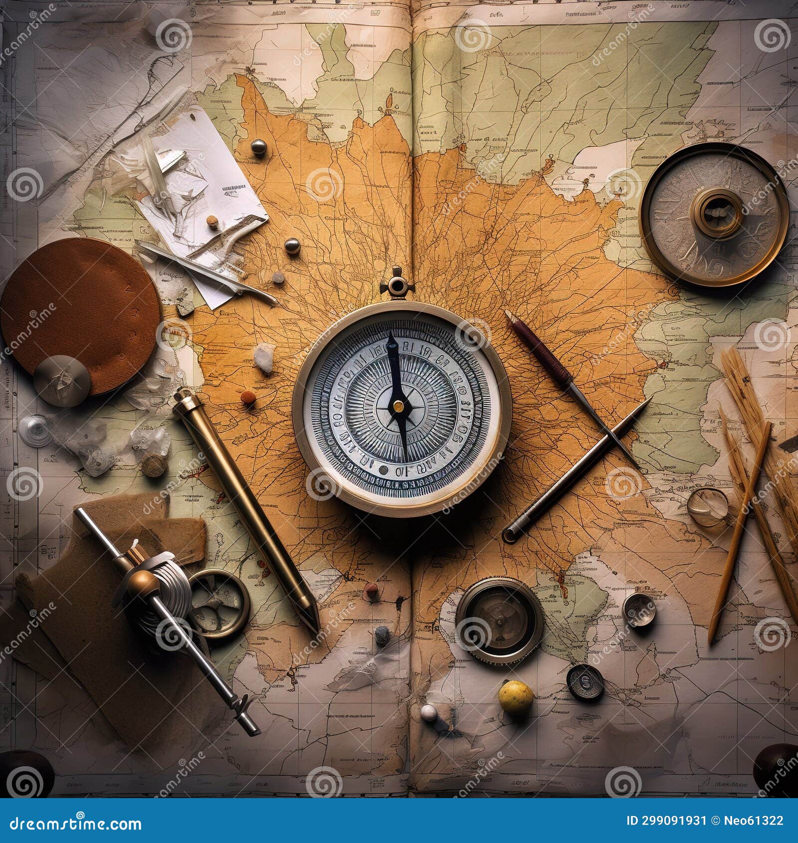 A Magnetic Compass Lies on a Weathered Map Generative AI Stock ...