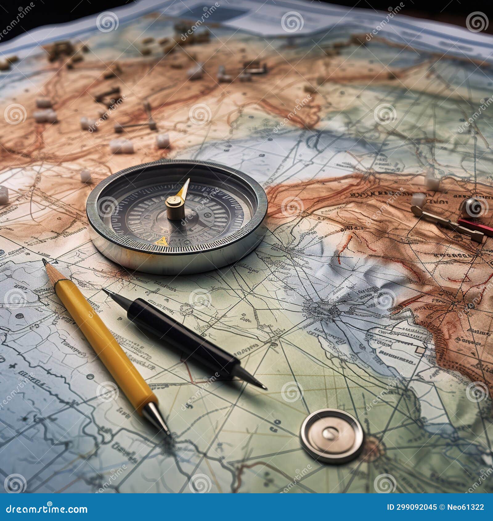 A Magnetic Compass Lies on a Weathered Map Generative AI Stock ...