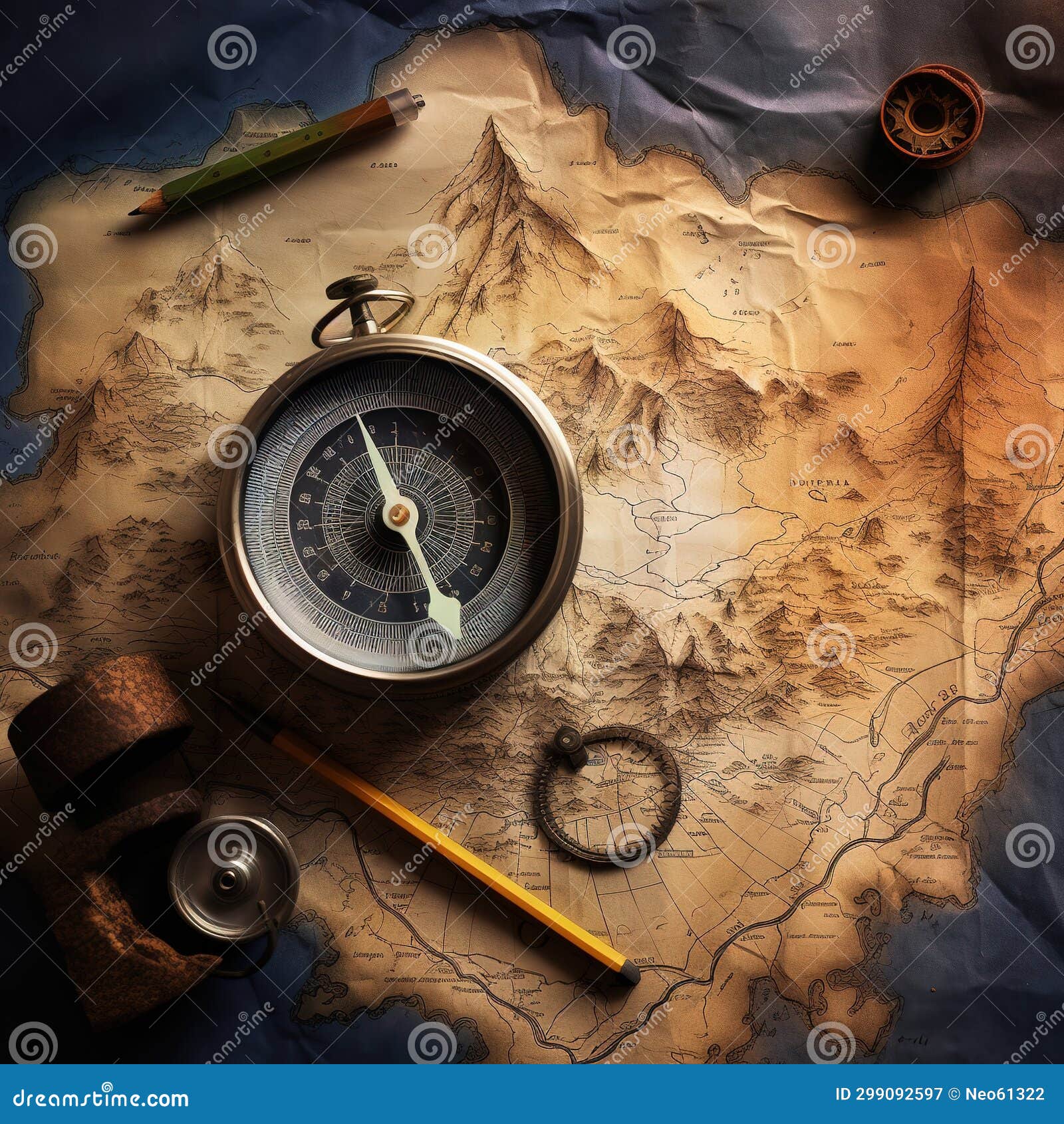 A Magnetic Compass Lies on a Weathered Map Generative AI Stock Illustration - Illustration of ...