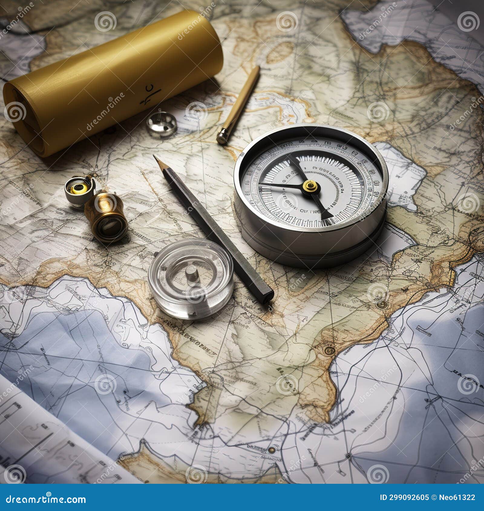A Magnetic Compass Lies on a Weathered Map Generative AI Stock Illustration - Illustration of ...