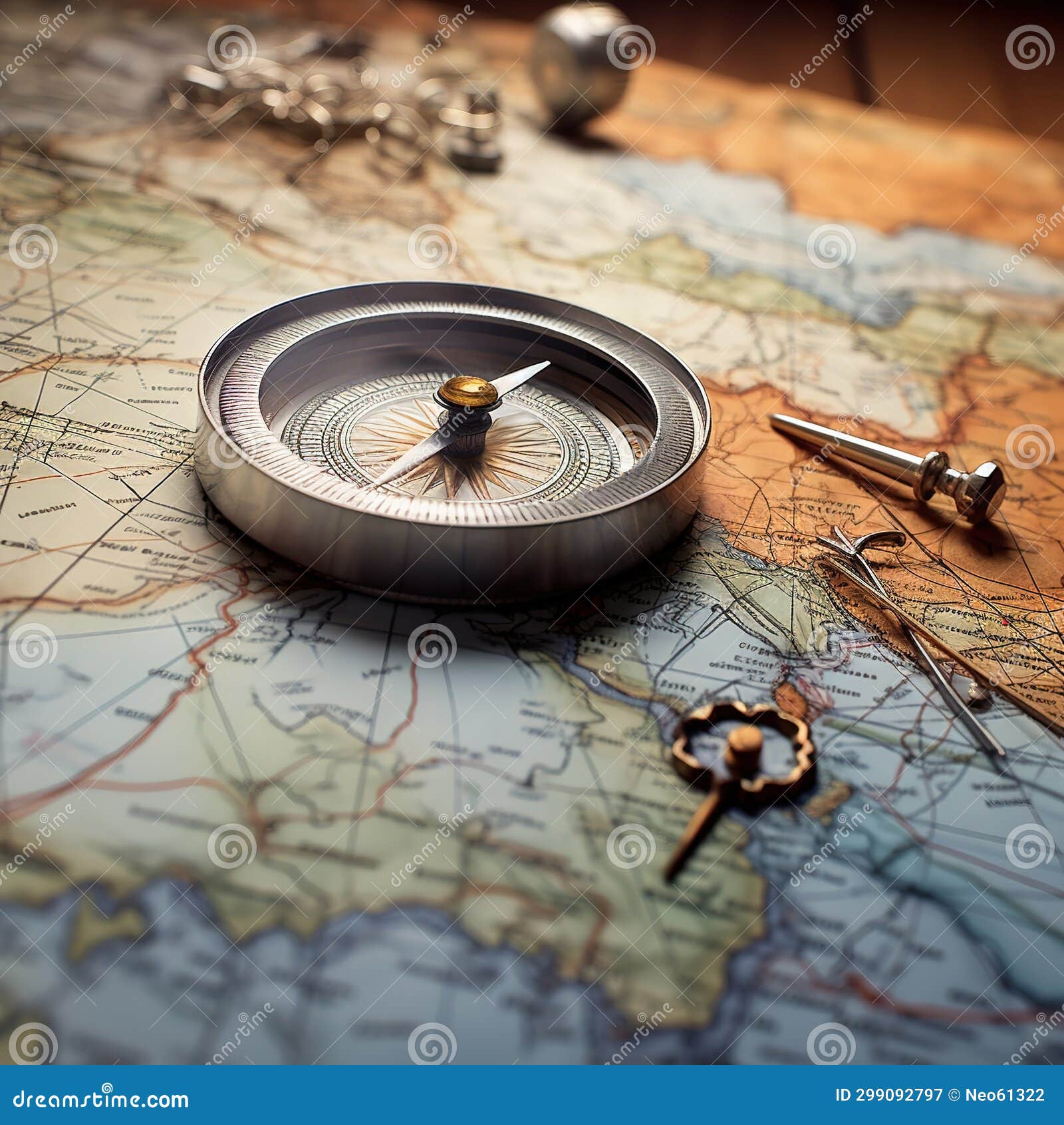 A Magnetic Compass Lies on a Weathered Map Generative AI Stock Illustration - Illustration of ...