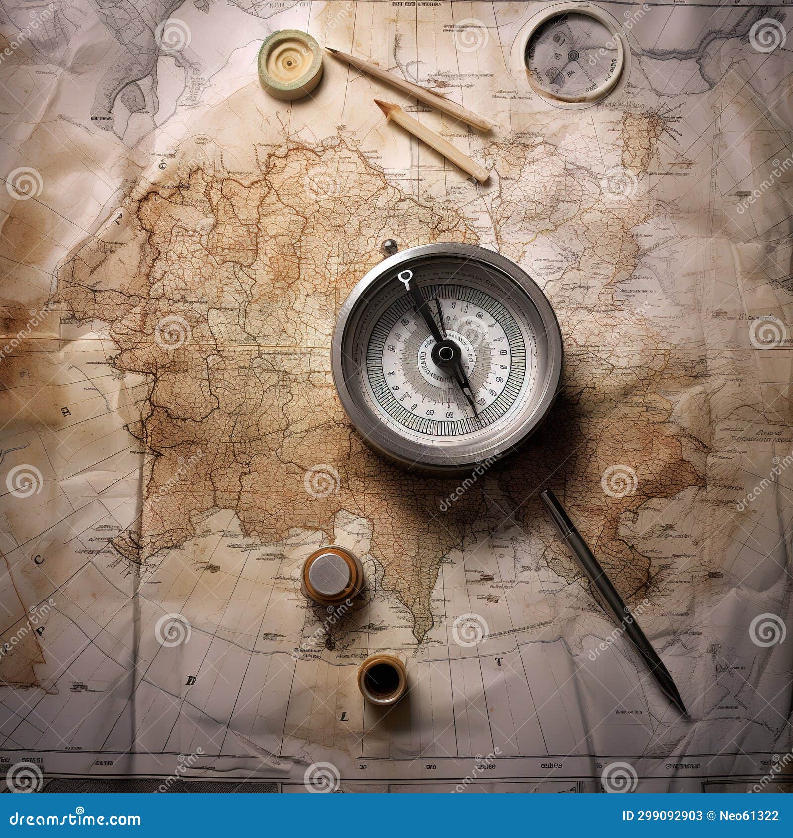 A Magnetic Compass Lies on a Weathered Map Generative AI Stock Illustration - Illustration of ...