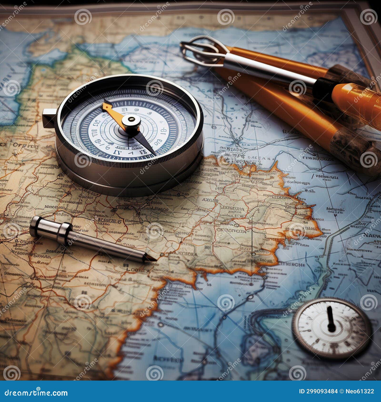 A Magnetic Compass Lies on a Weathered Map Generative AI Stock Illustration - Illustration of ...