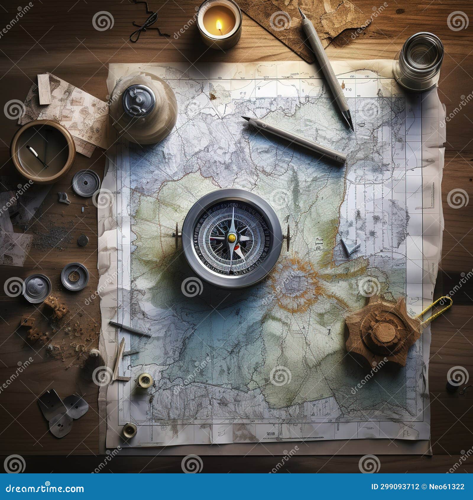 A Magnetic Compass Lies on a Weathered Map Generative AI Stock ...