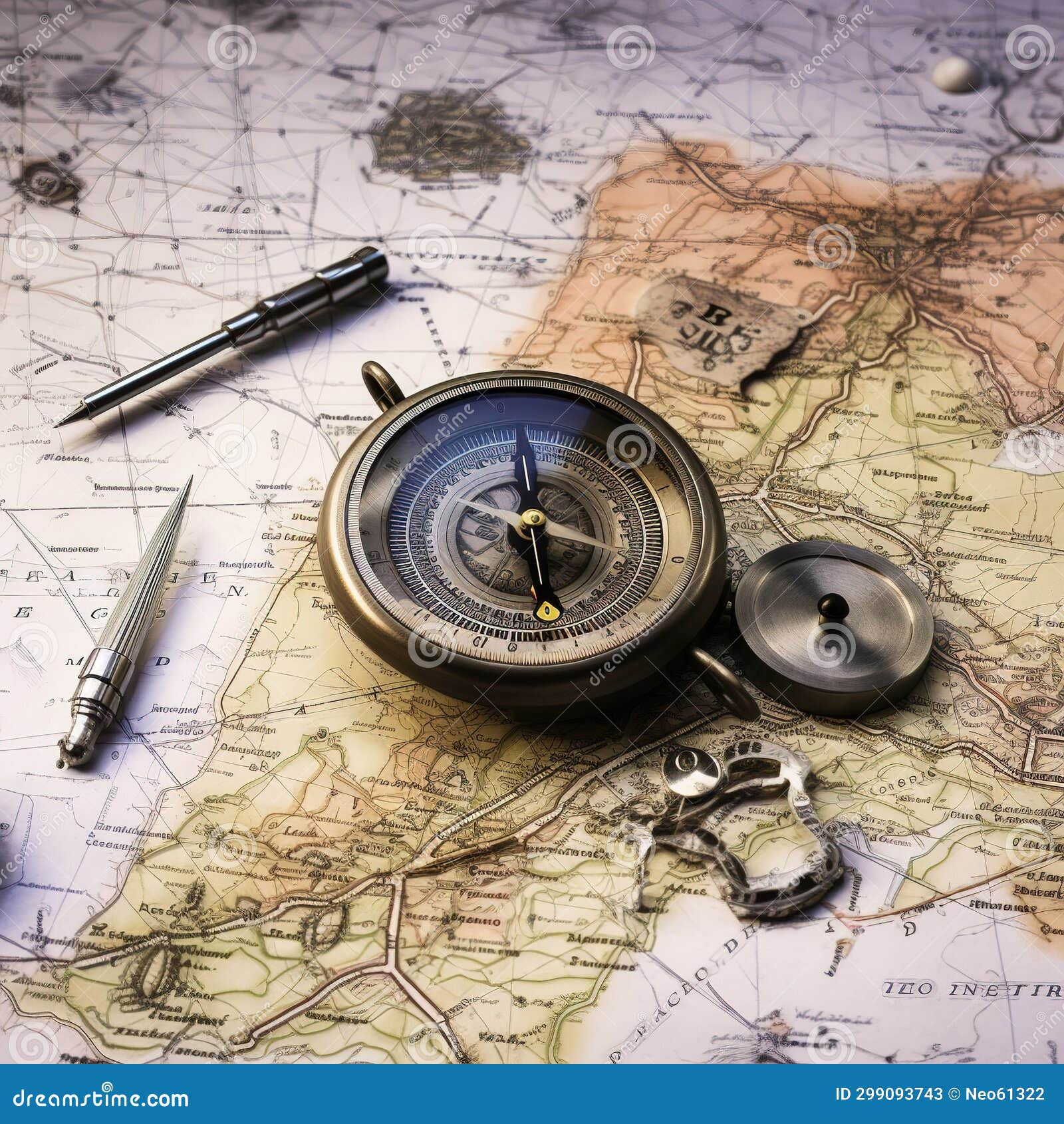 A Magnetic Compass Lies on a Weathered Map Generative AI Stock ...
