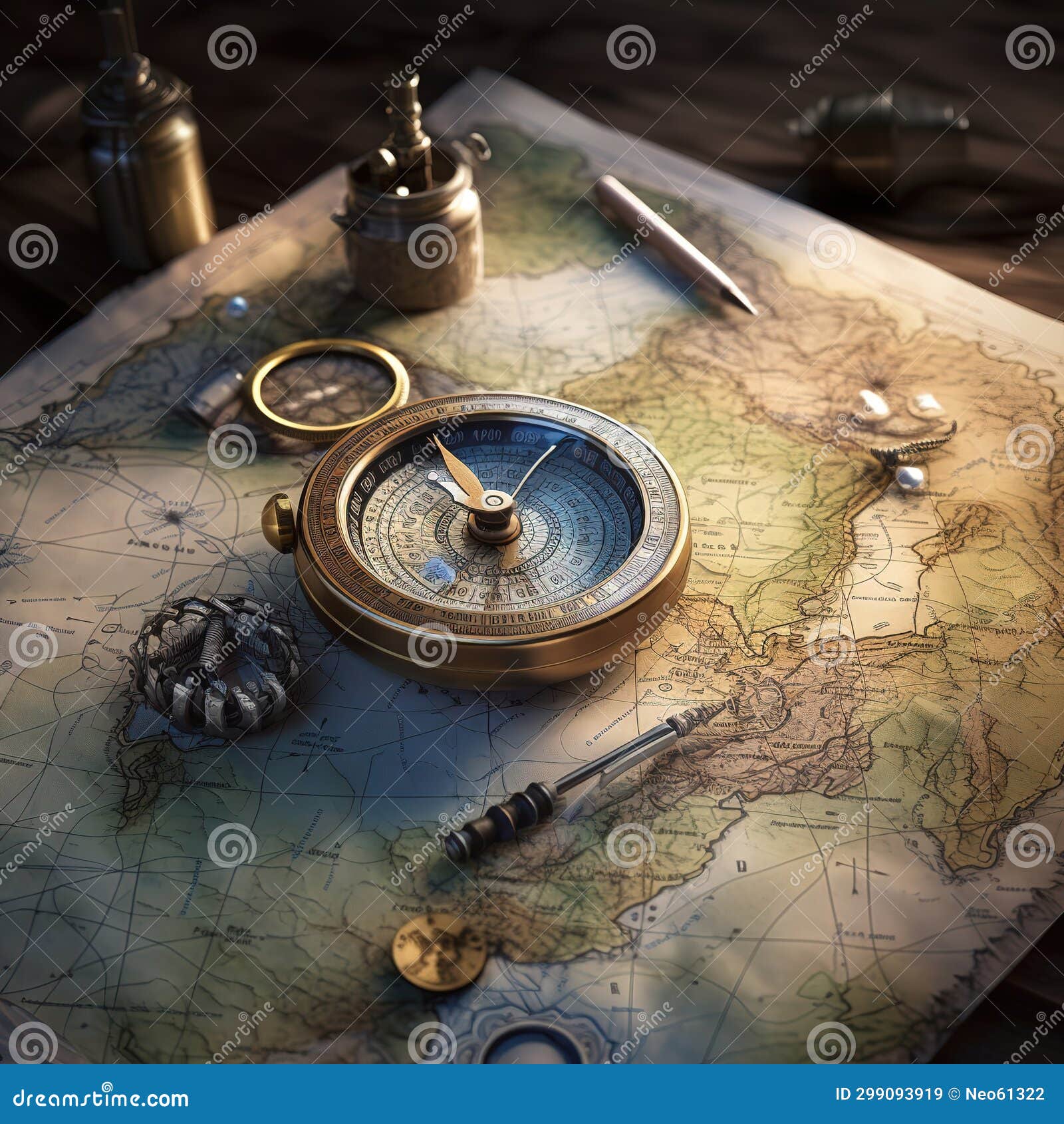 A Magnetic Compass Lies on a Weathered Map Generative AI Stock Illustration - Illustration of ...