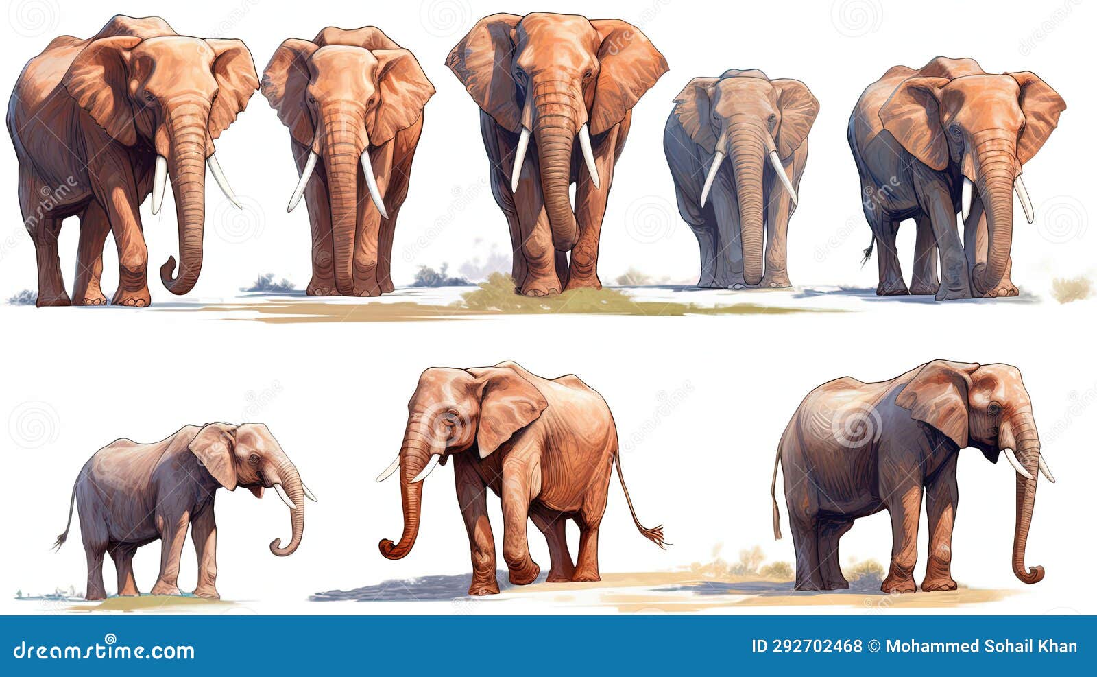A Magnificent African Elephants Group in on White Background Stock ...