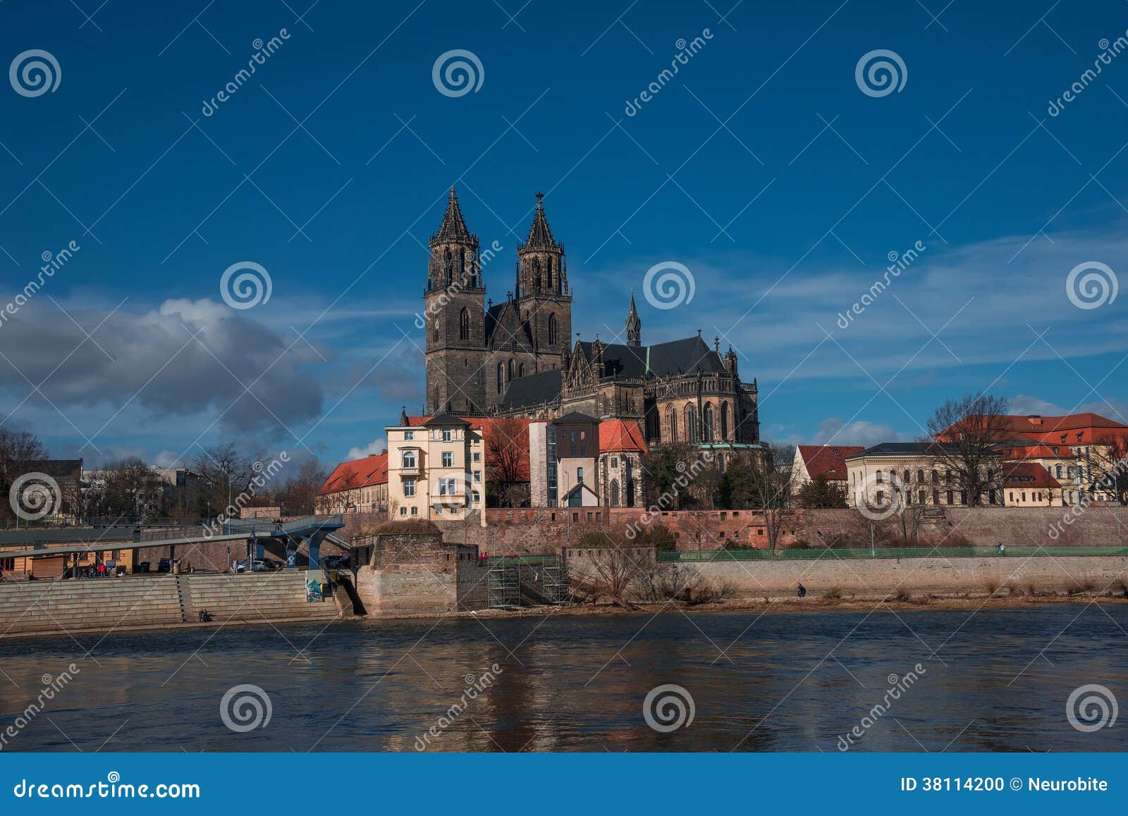 Magnificent Cathedral of Magdeburg at River Elbe with Blue Sky, Stock ...
