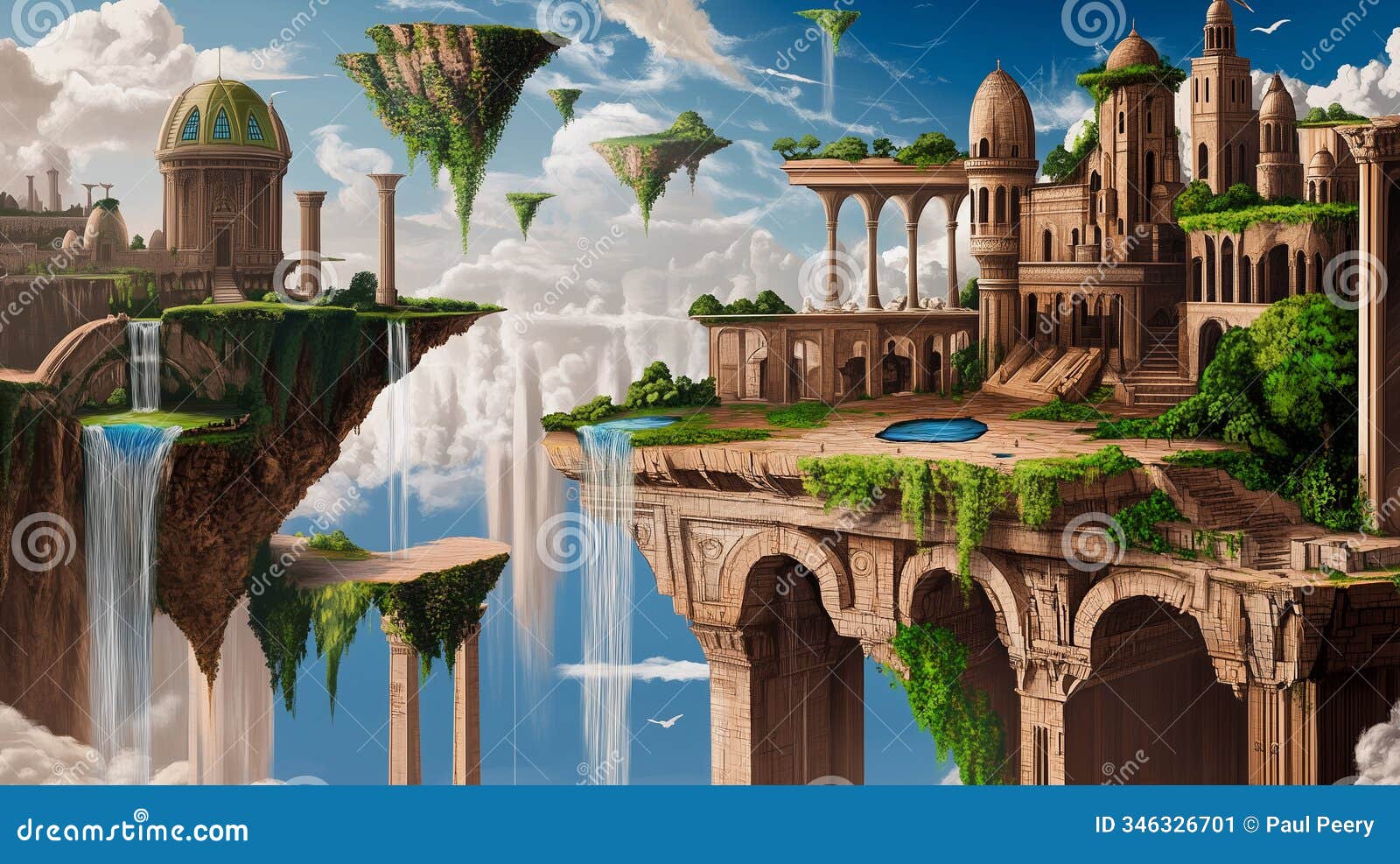 Majestic Floating Island With Volcano Eruption And Detailed Landscape ...