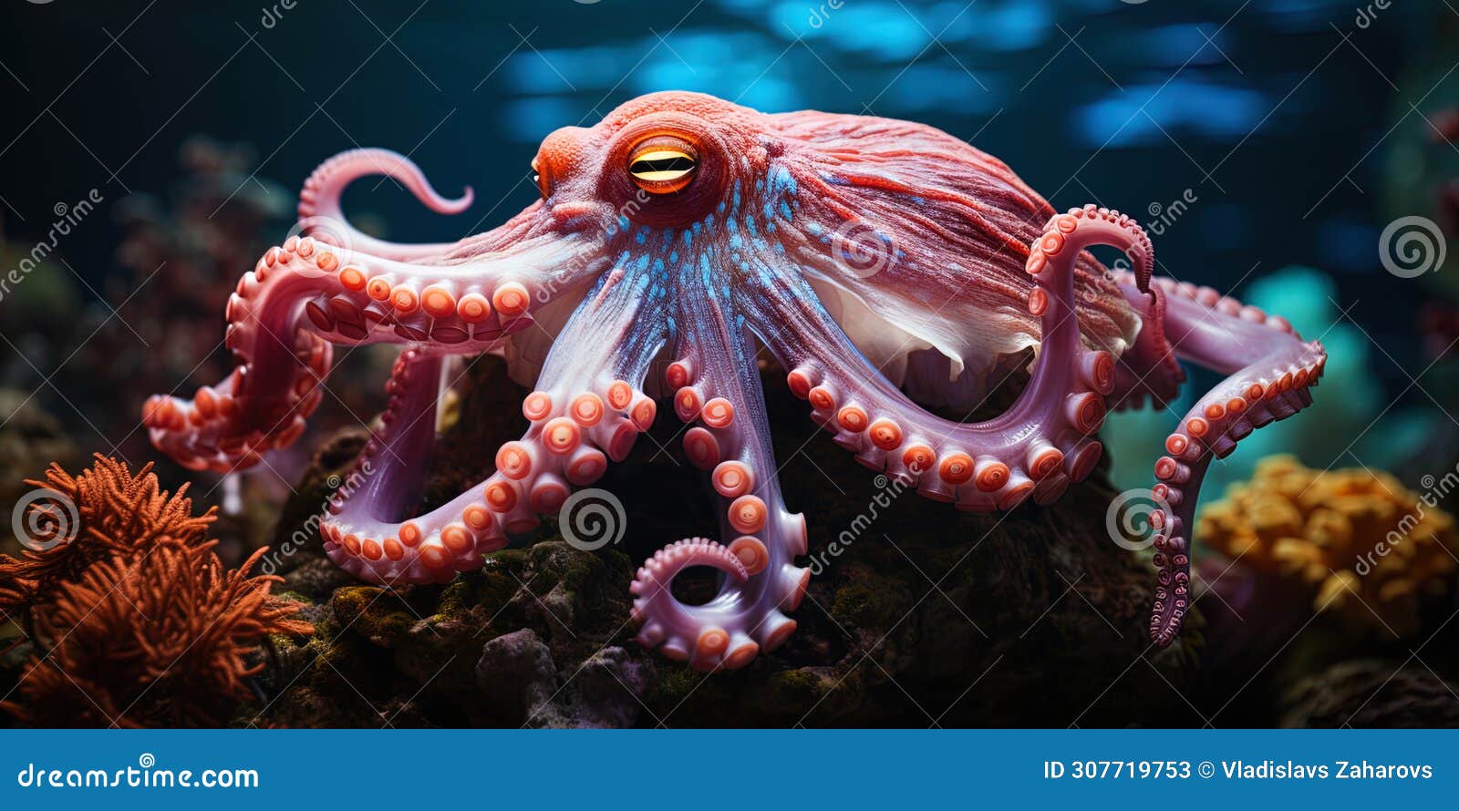 A Magnificent Octopus, with Multi Colored Tentacles, Weaves among ...