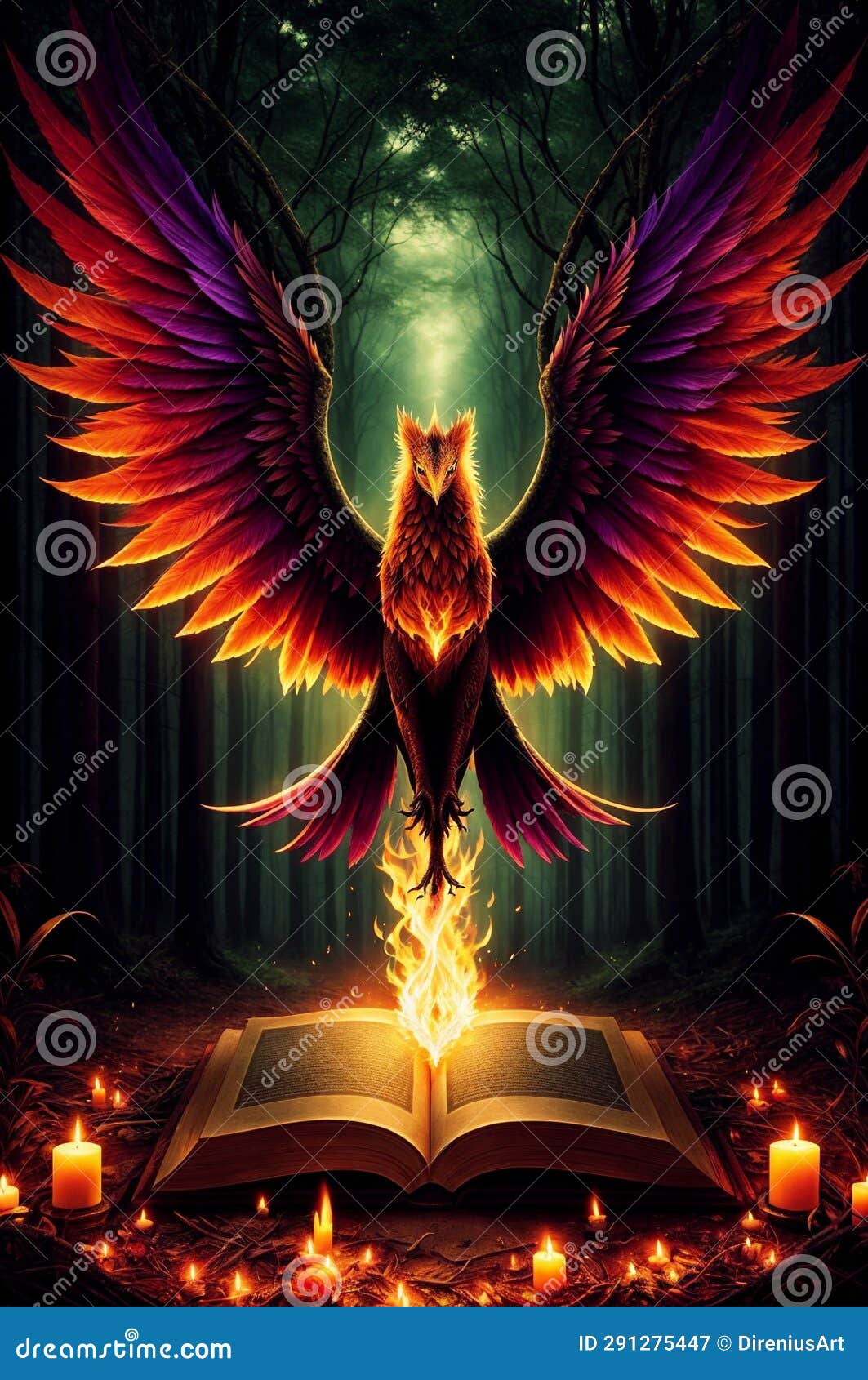 A Magnificent Phoenix with Wings Spread Out Over a Book. Stock ...