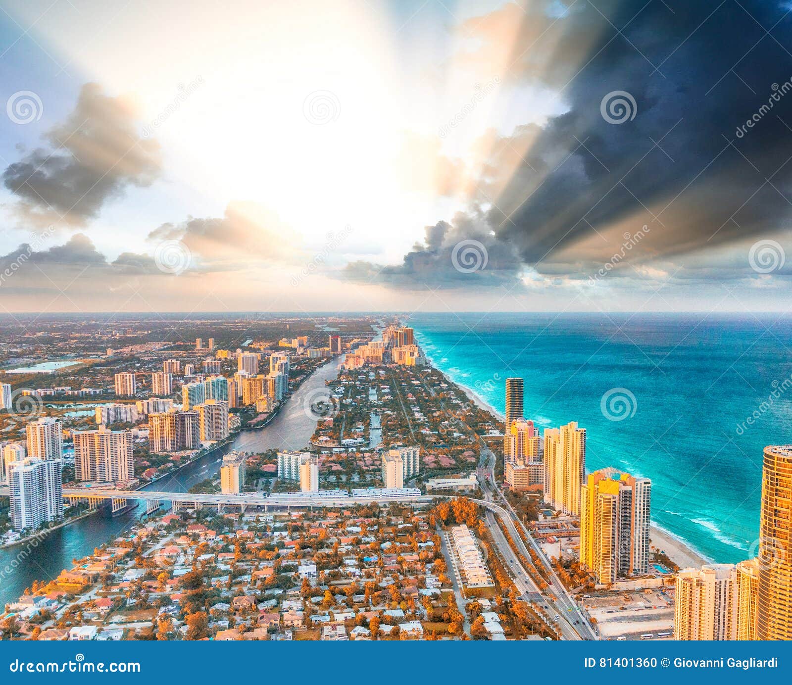 Magnificent Skyline of Miami Beach at Sunset, Aerial View Stock Photo ...