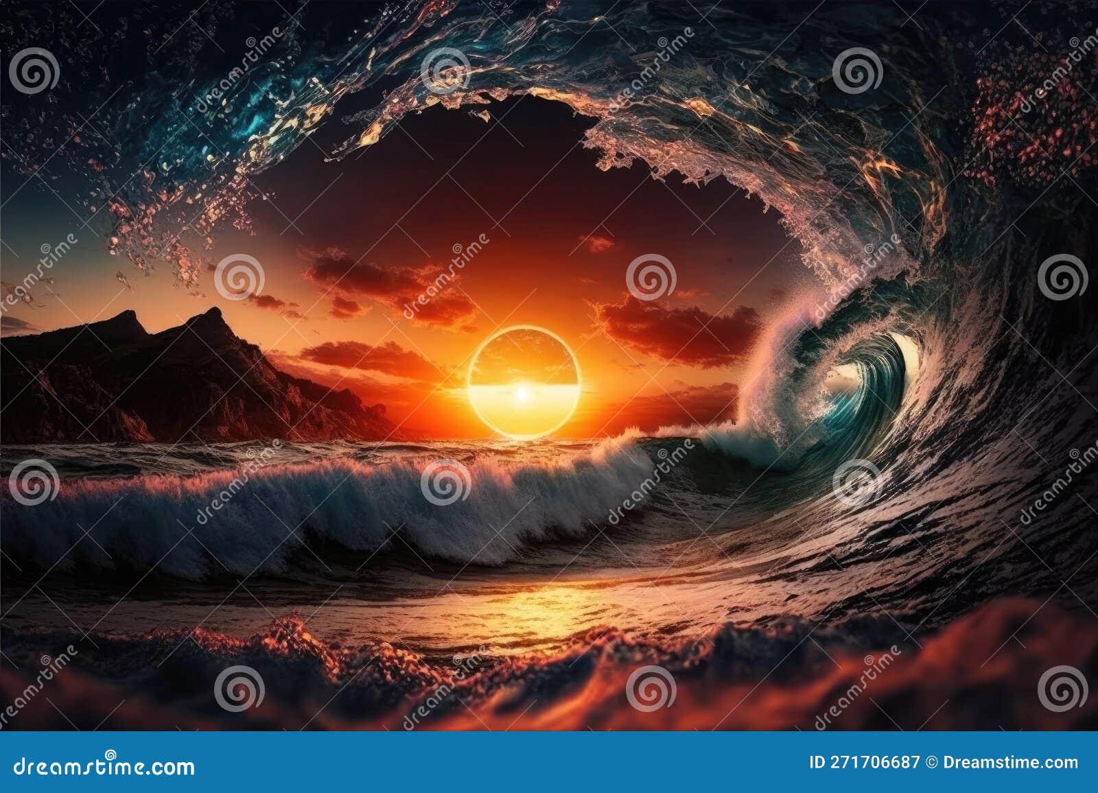 Magnificent Sunset at Sea on a Wave of Fantasy Stock Illustration ...
