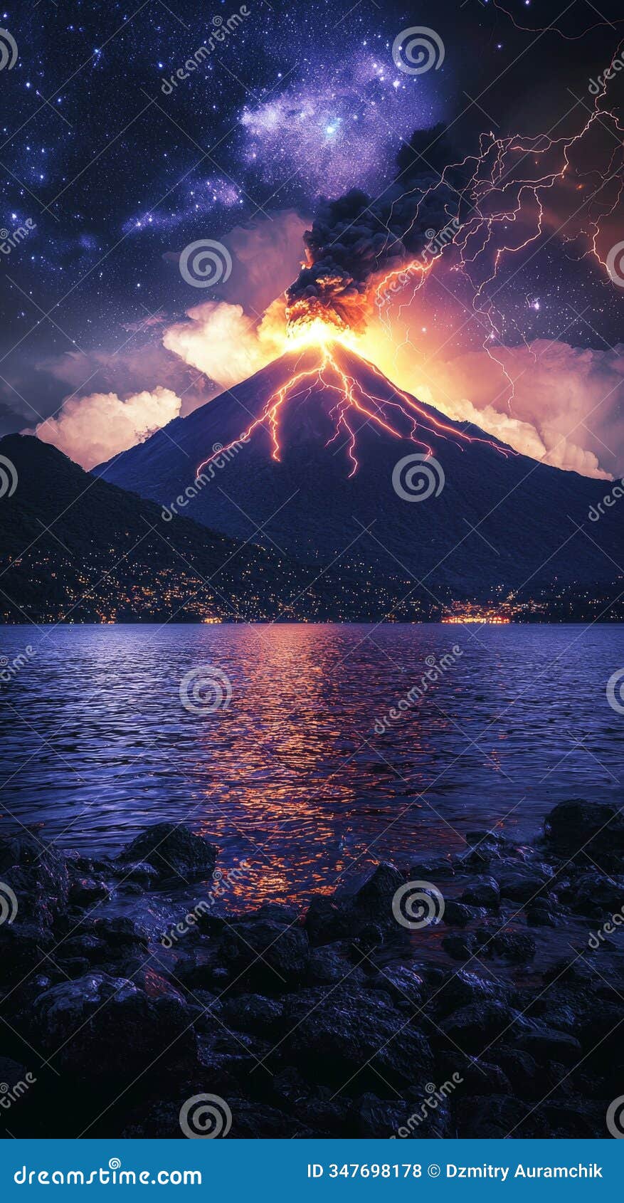 Magnificent Volcanic Eruption with Glowing Lava at Dusk. Stock Photo ...