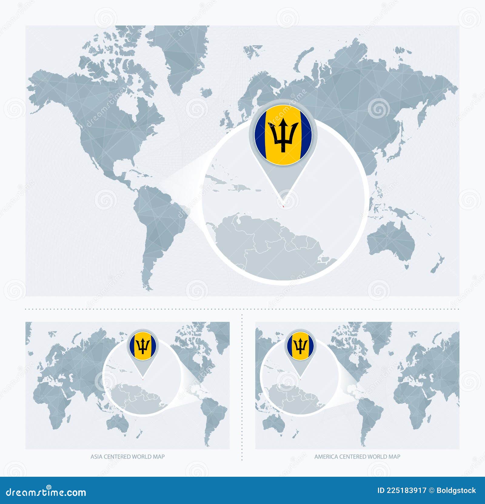 Magnified Barbados Over Map of the World, 3 Versions of the World Map ...